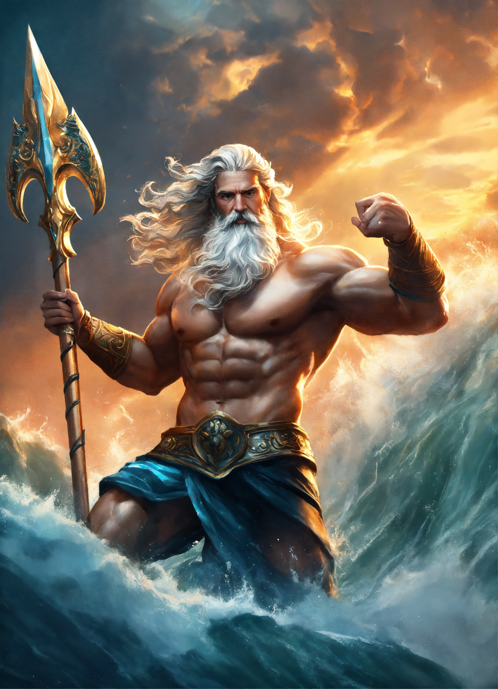 Lexica - God Poseidon emerging from a raging hip-deep sea, harpooning ...