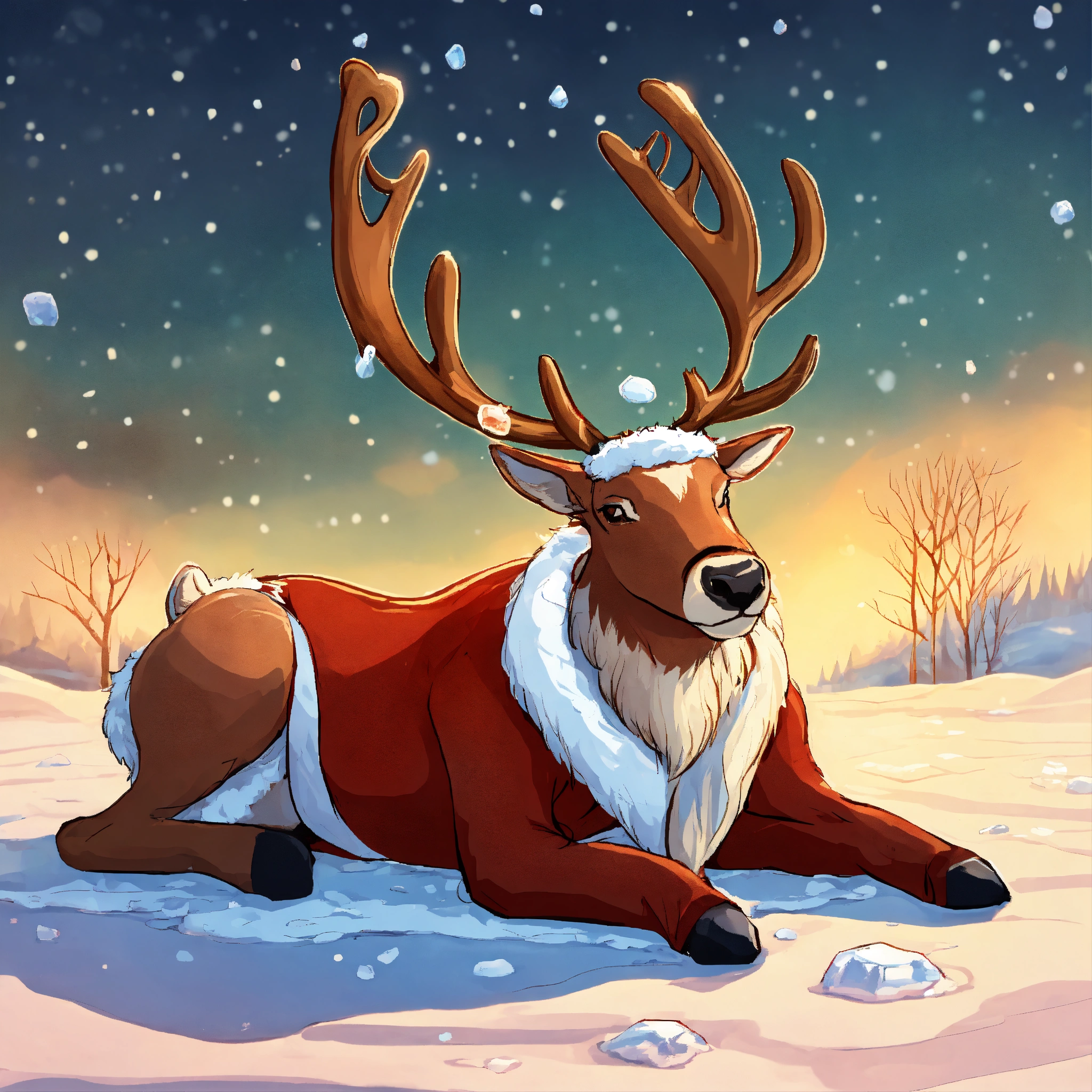 Lexica - Santa Claus's reindeer sick and sad, lying down on ice, caroon