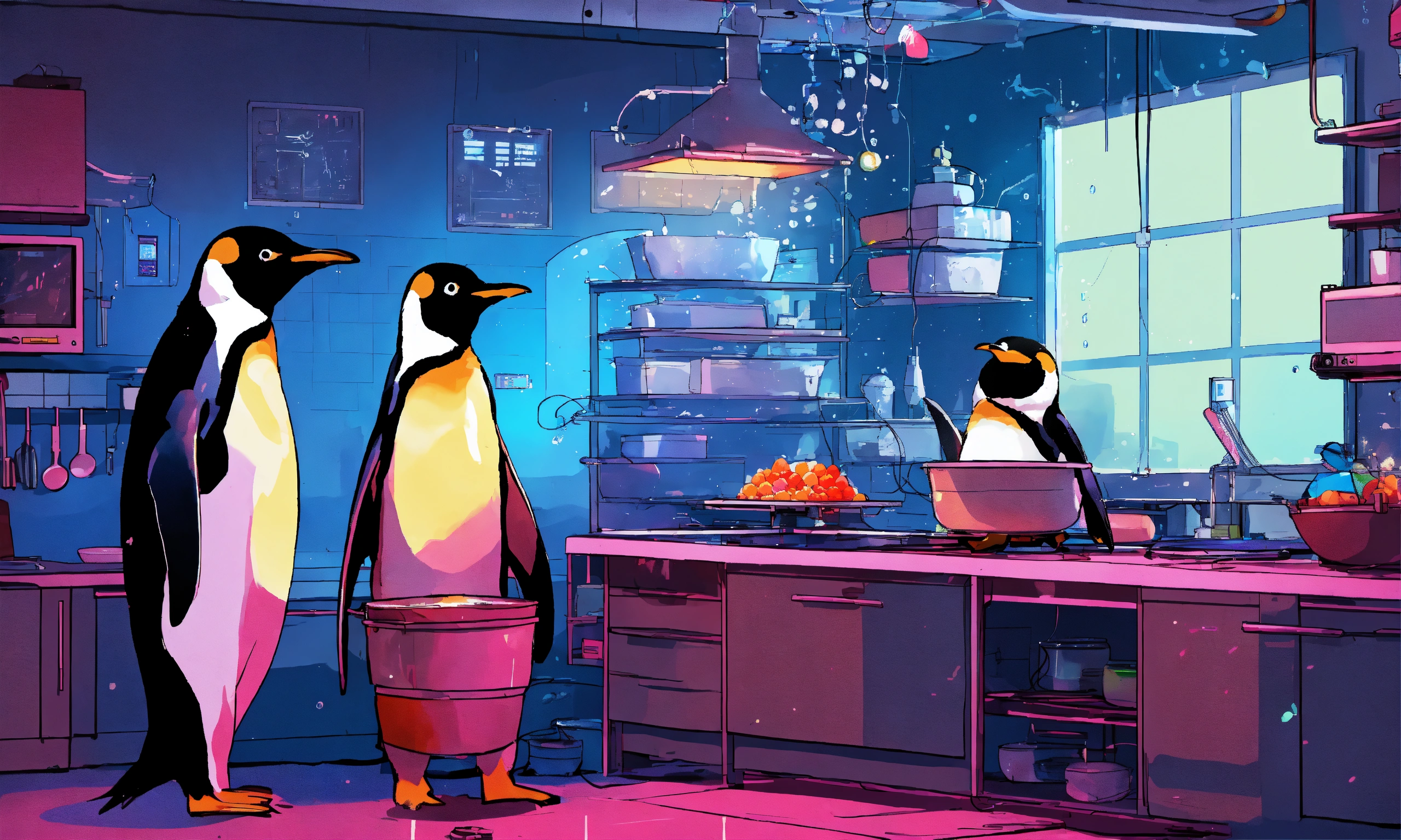 Lexica - Three cool-looking penguins in a high-tech kitchen lab cooking ...