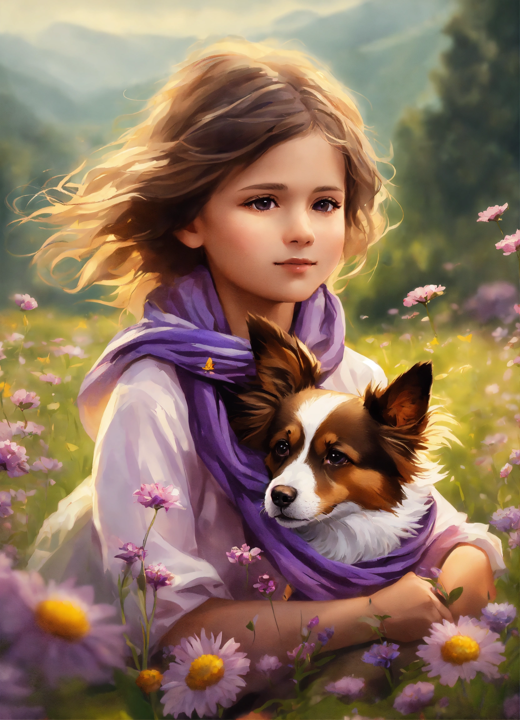 Lexica - A little girl with a purple thin scarf around her neck sits ...