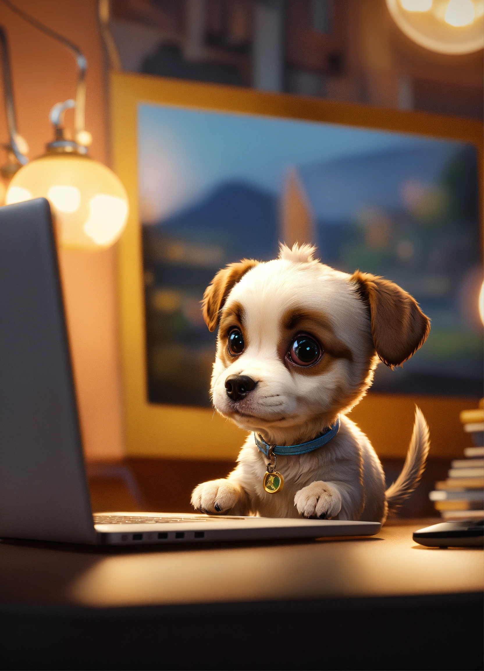 Lexica - Cute small humanoid dog sitting in front of laptop ,unreal ...