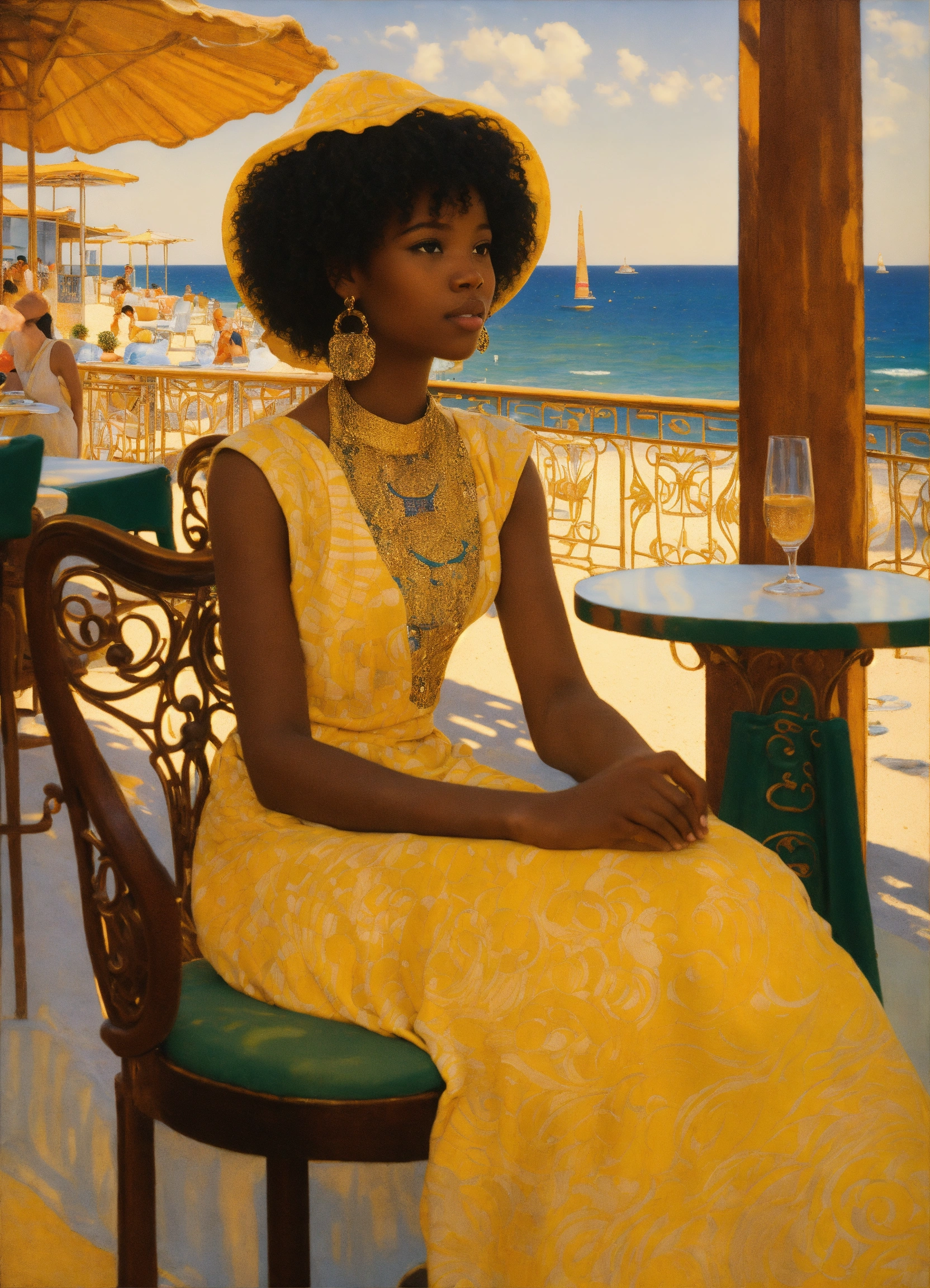 Lexica - An African American girl sitting in a beachfront restaurant ...