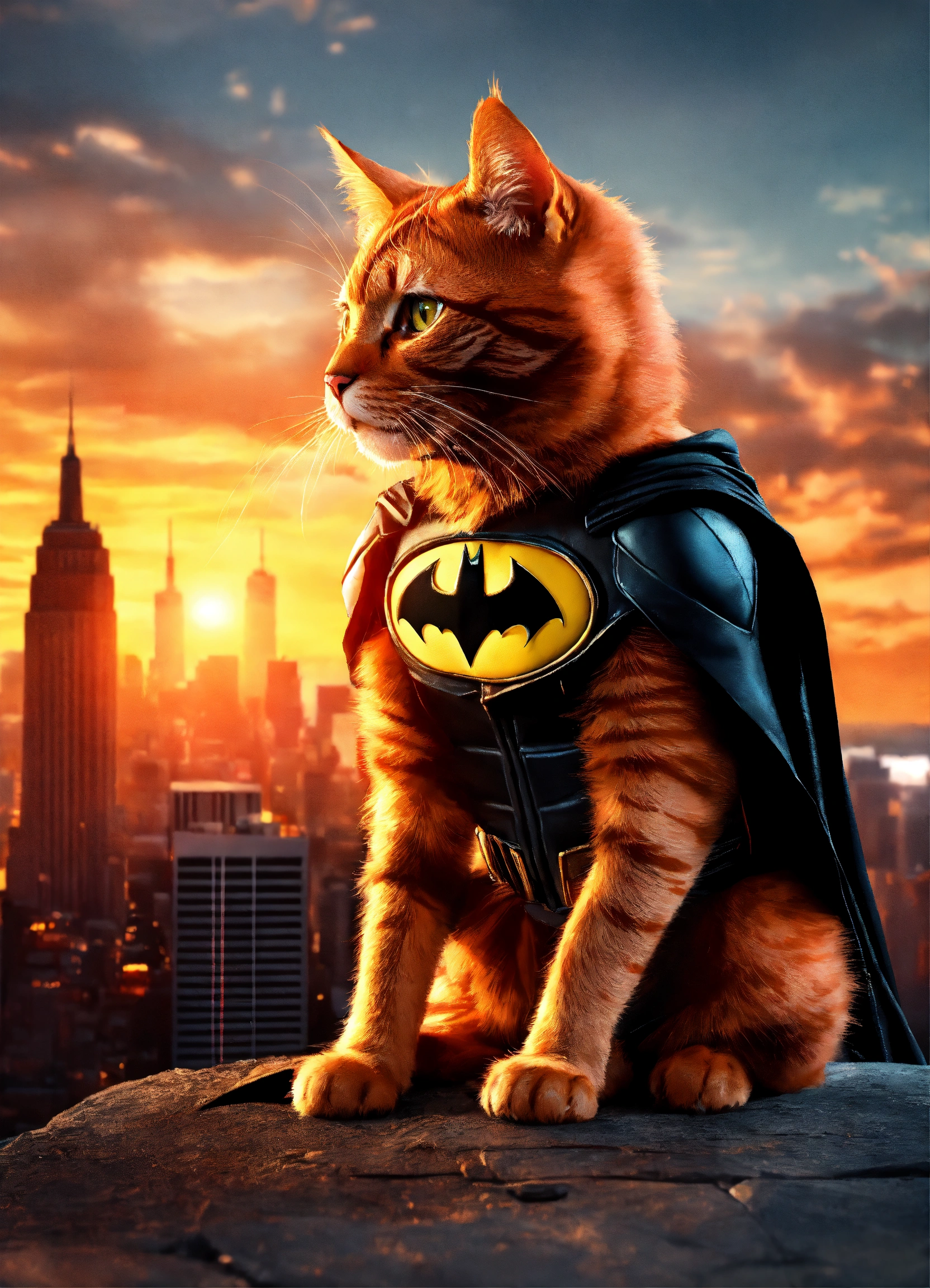 Lexica - A red cat wearing a Batman suit at sunset fighting crime in ...