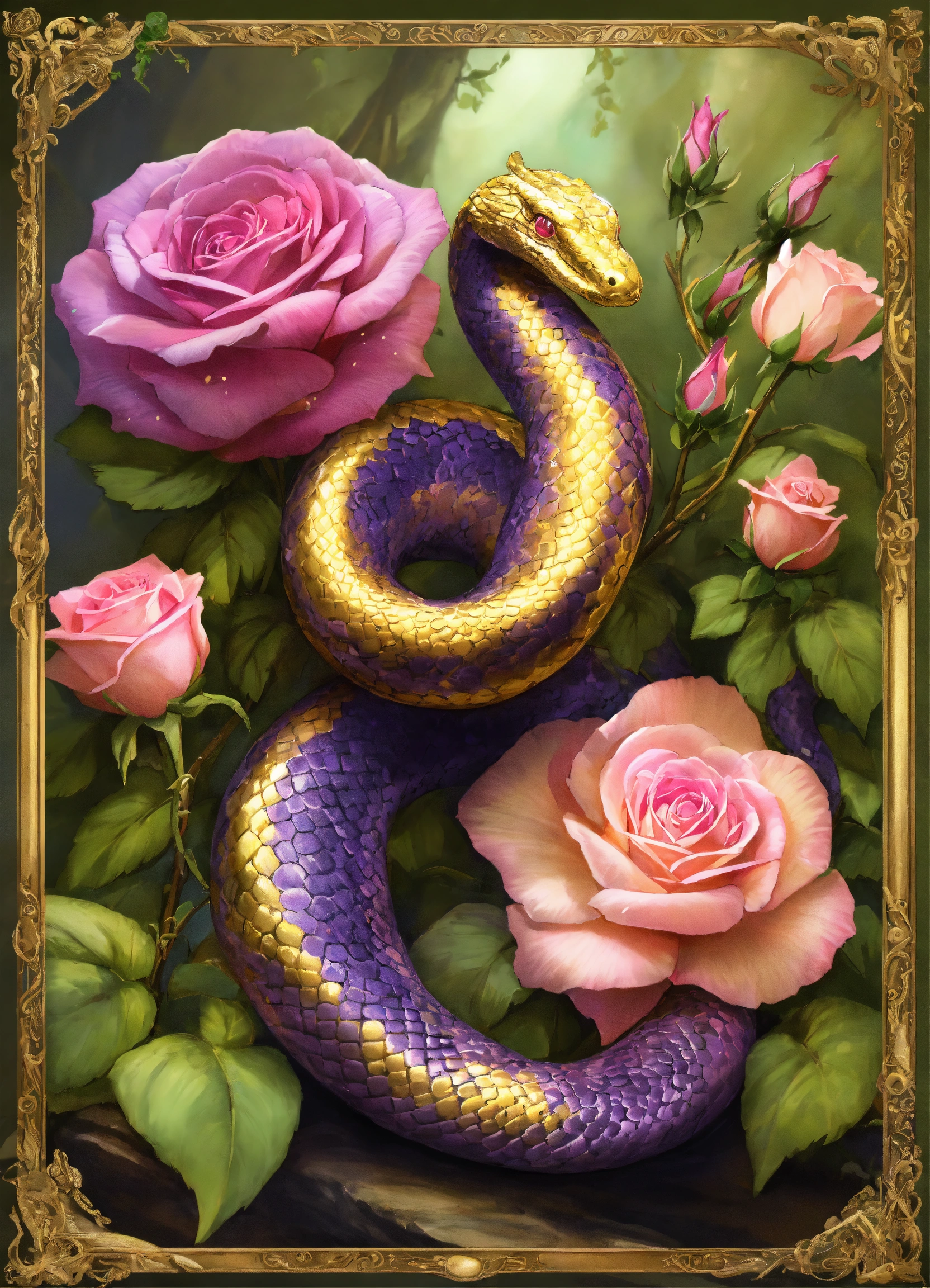 Lexica - Enchanted large magic gold and purple snake pink roses ...