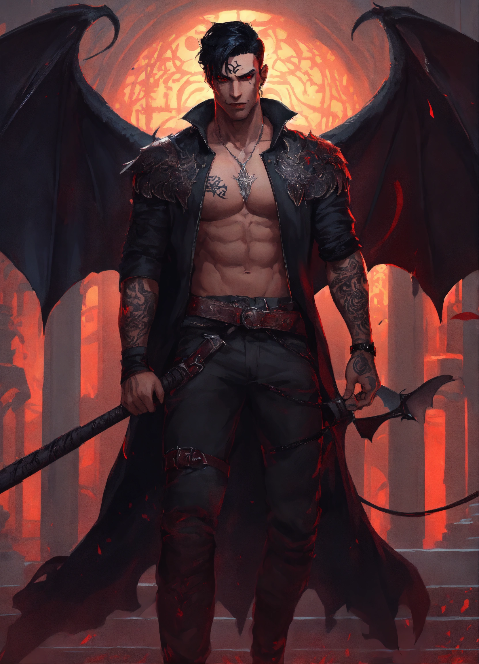 Lexica - A handsome half demon man with huge bat wings, red eyes and ...