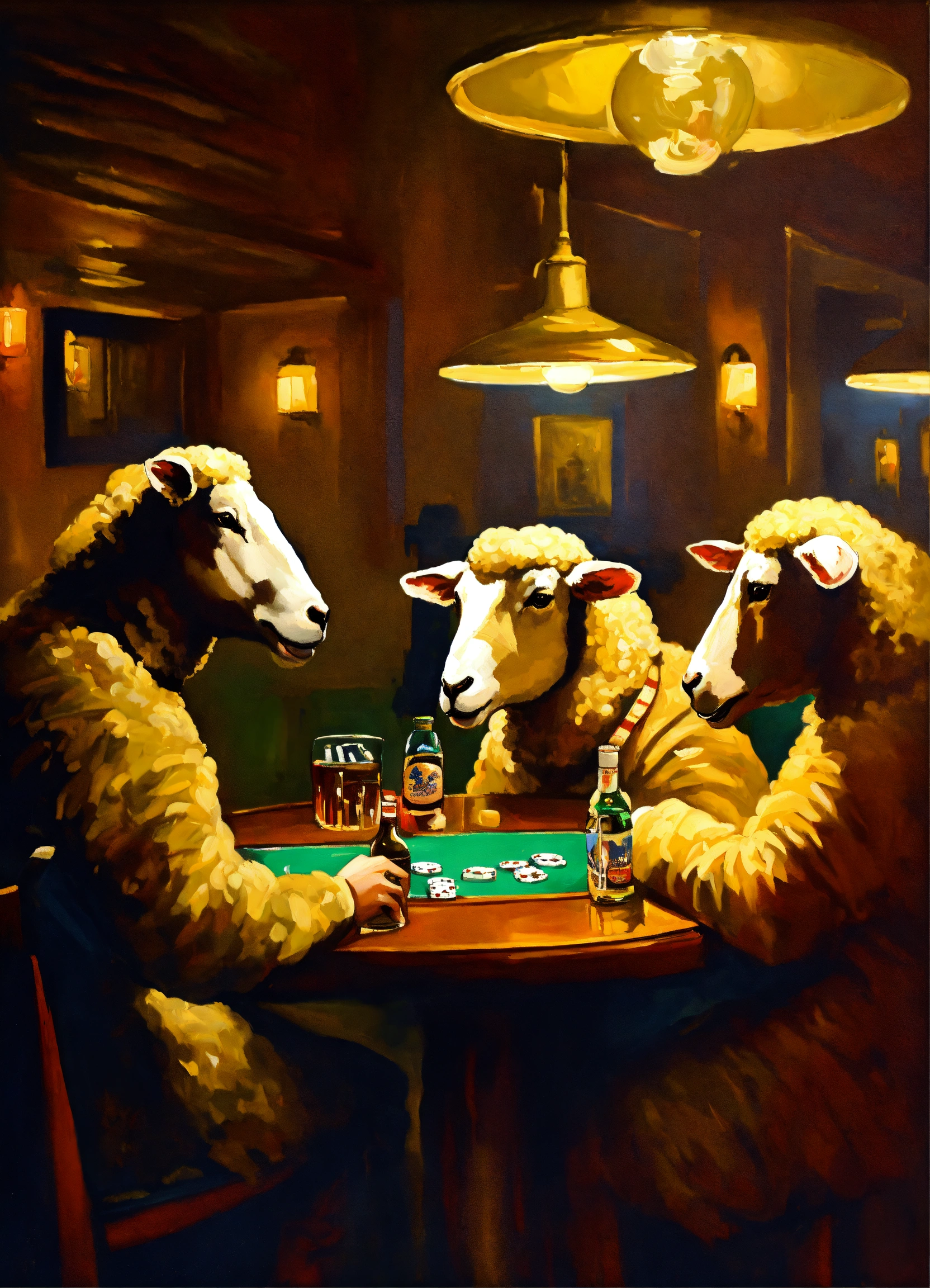 Lexica - Oil painting with some sheep drinking and playing poker, at a ...