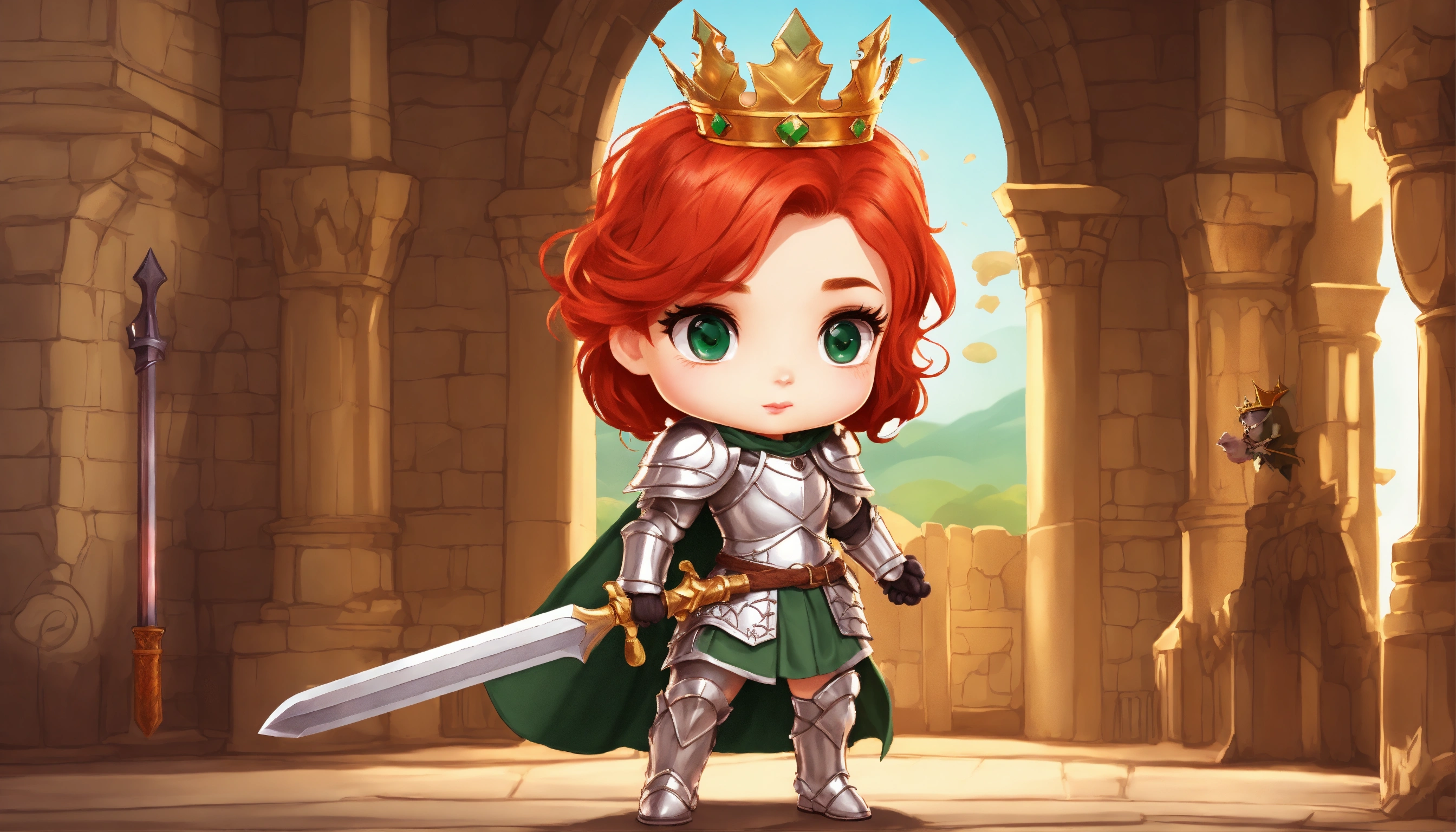 Lexica - Cute chibi redhead, dark Green eyes, woman With a crown, sword ...