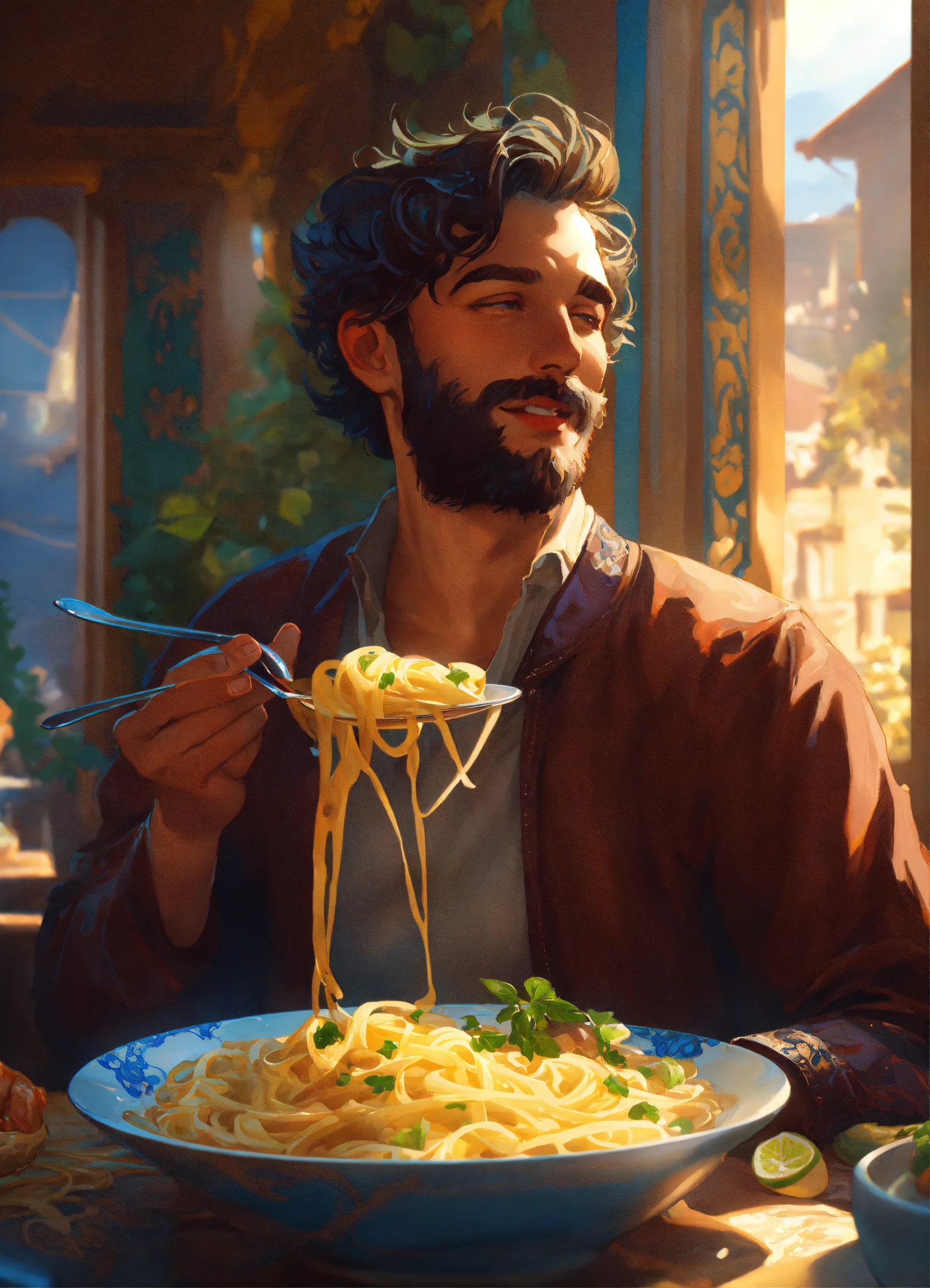 Lexica - Highly detailed man happily eating bowl of fettucini, stephen ...