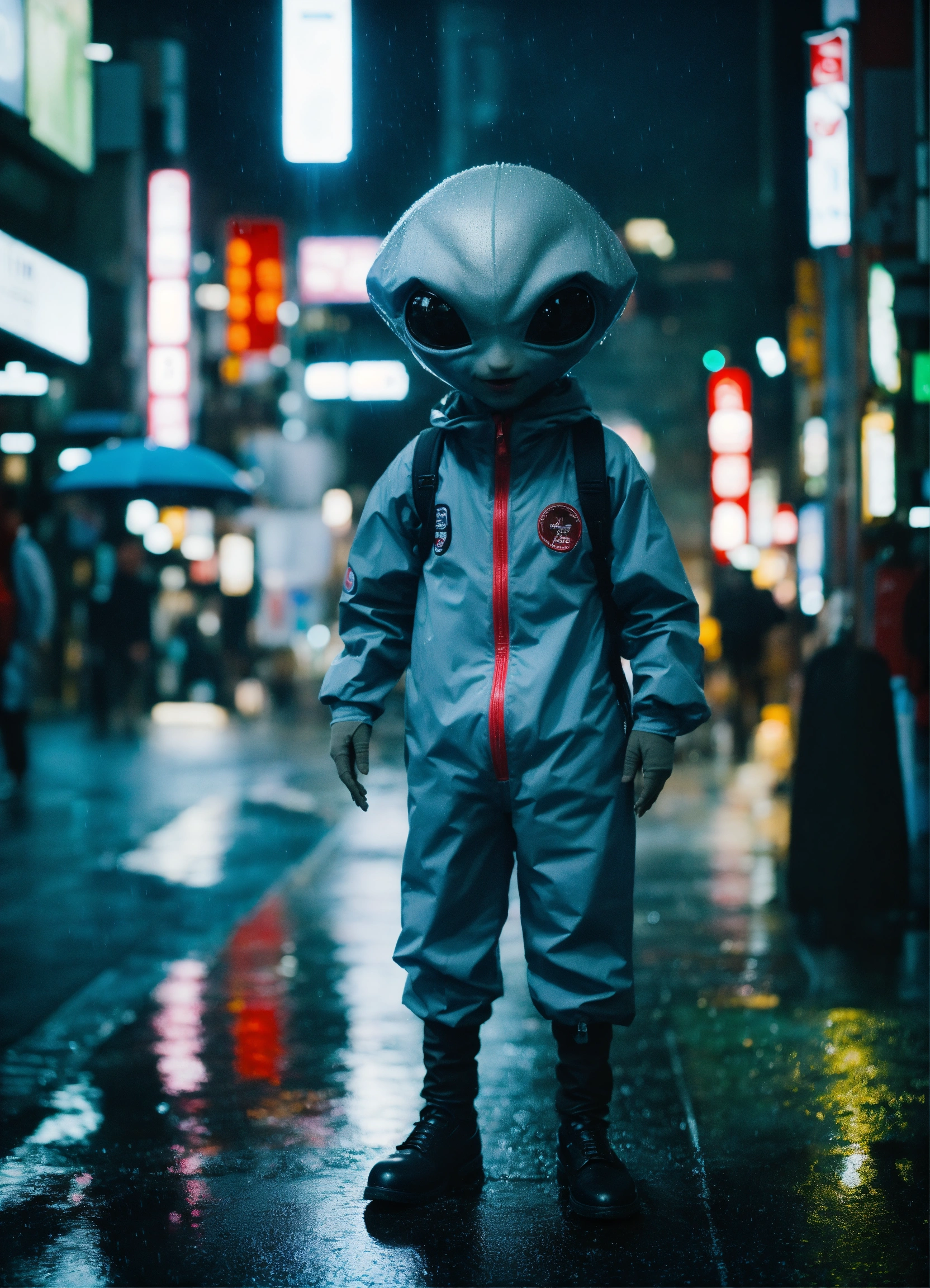Lexica - Very cute, realistic grey alien standing in the street of ...