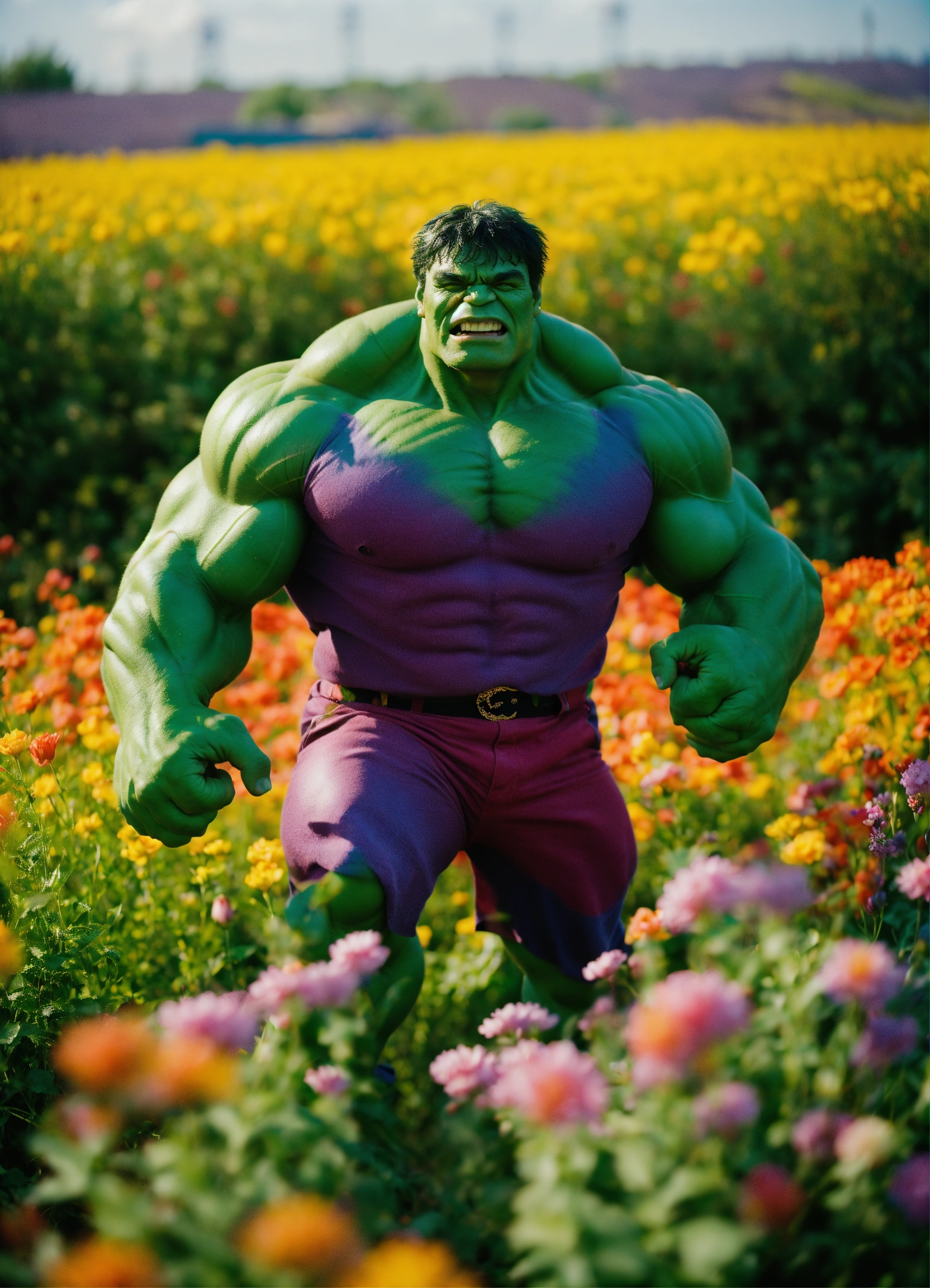 Lexica - Happy Hulk standing in a beautiful field of flowers, colorful ...