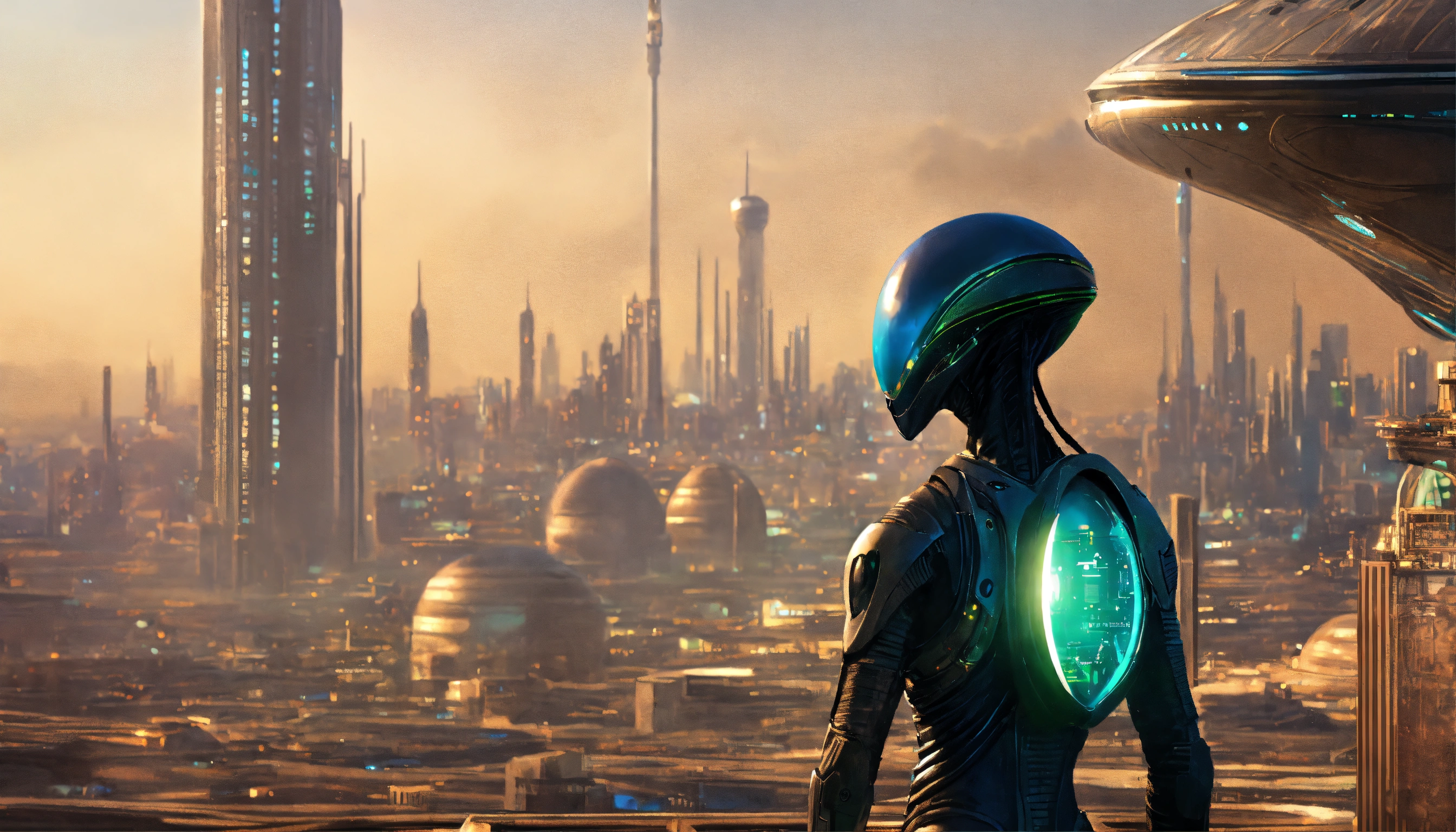 Lexica - The alien, in a futuristic metropolis.