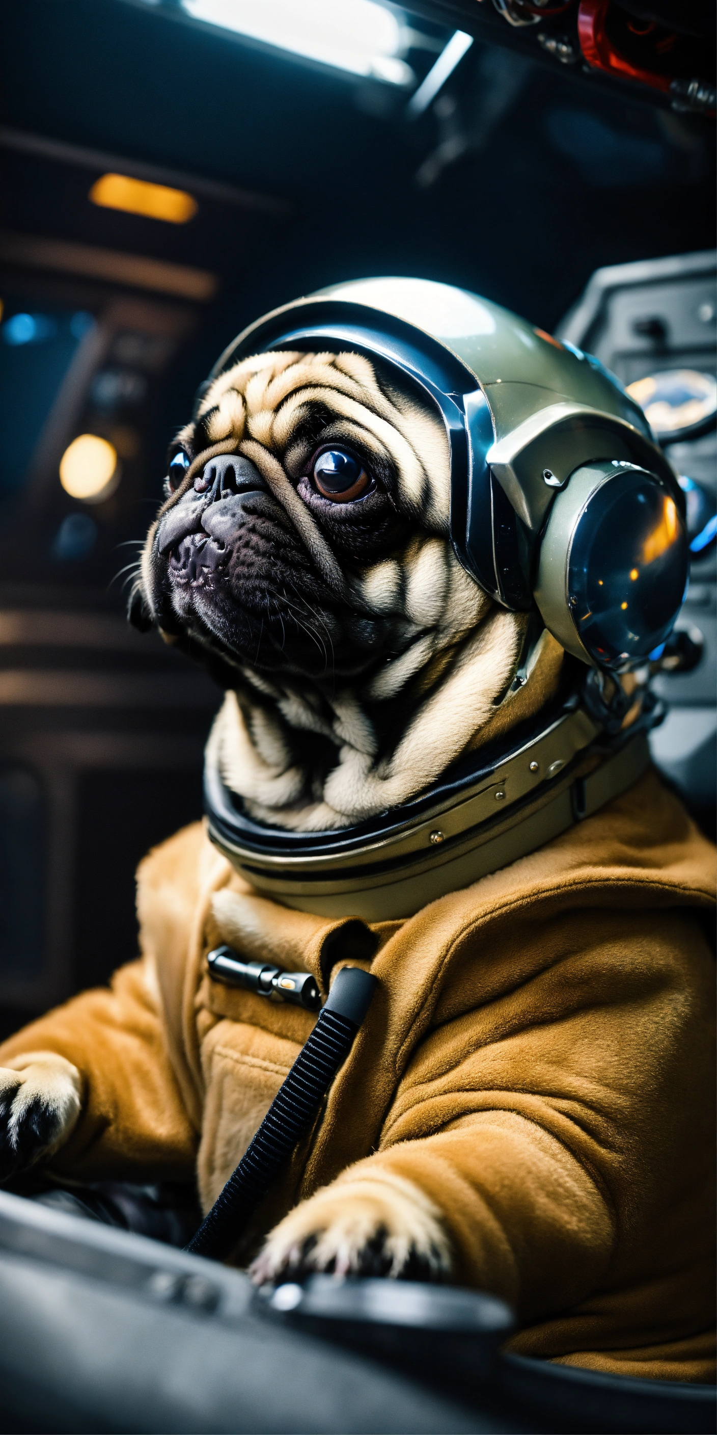 Lexica - Pug dog wearing a spacen helmet sitting in the cockpit of a ...