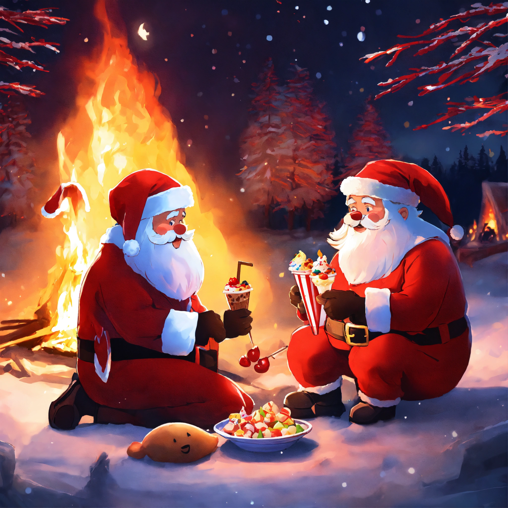 Lexica - Santa claus and rudolph eating a icecream around a bonfire ...