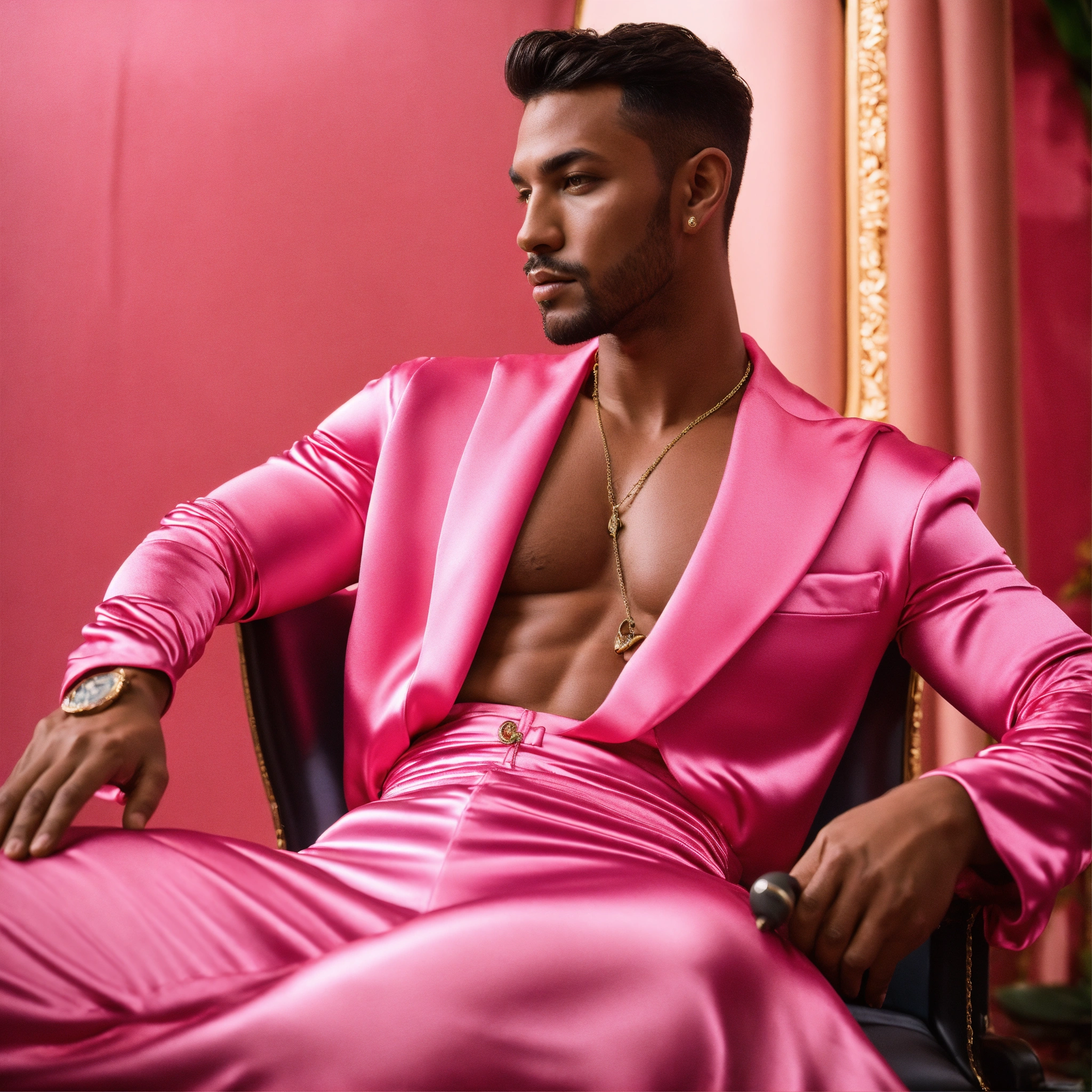 Lexica - Man lounging on throne, godlike body, tight pink Satin shiny ...