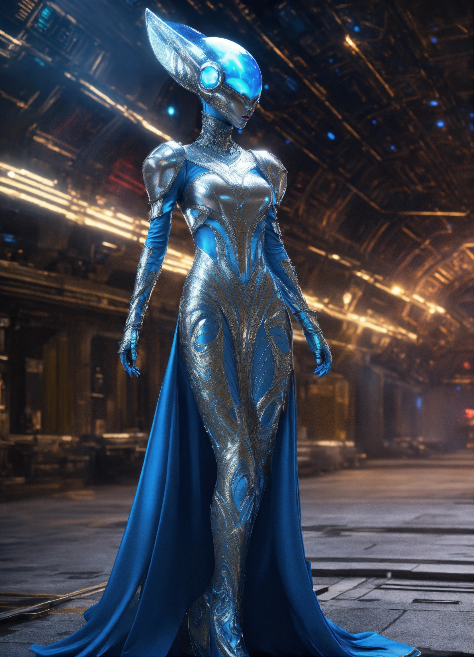 Lexica - A Alien, Alienrace female Alien_goddess beauty longdress colored metallic_blue, silver ...