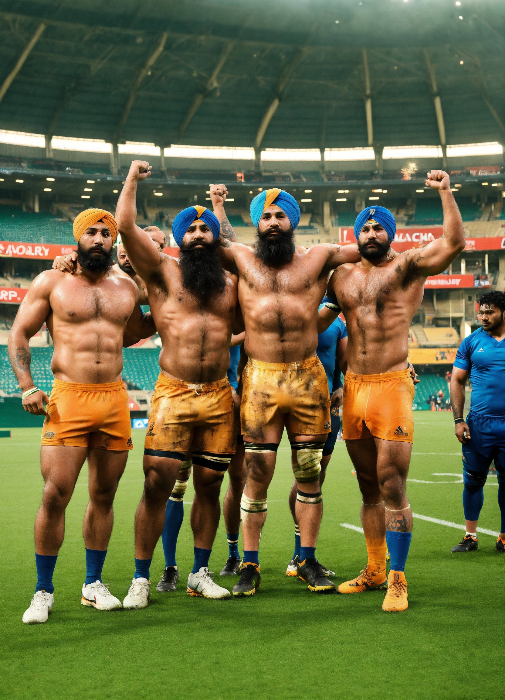 Lexica - A group photo of Sikh, rugby players,shirtless,sweating ...
