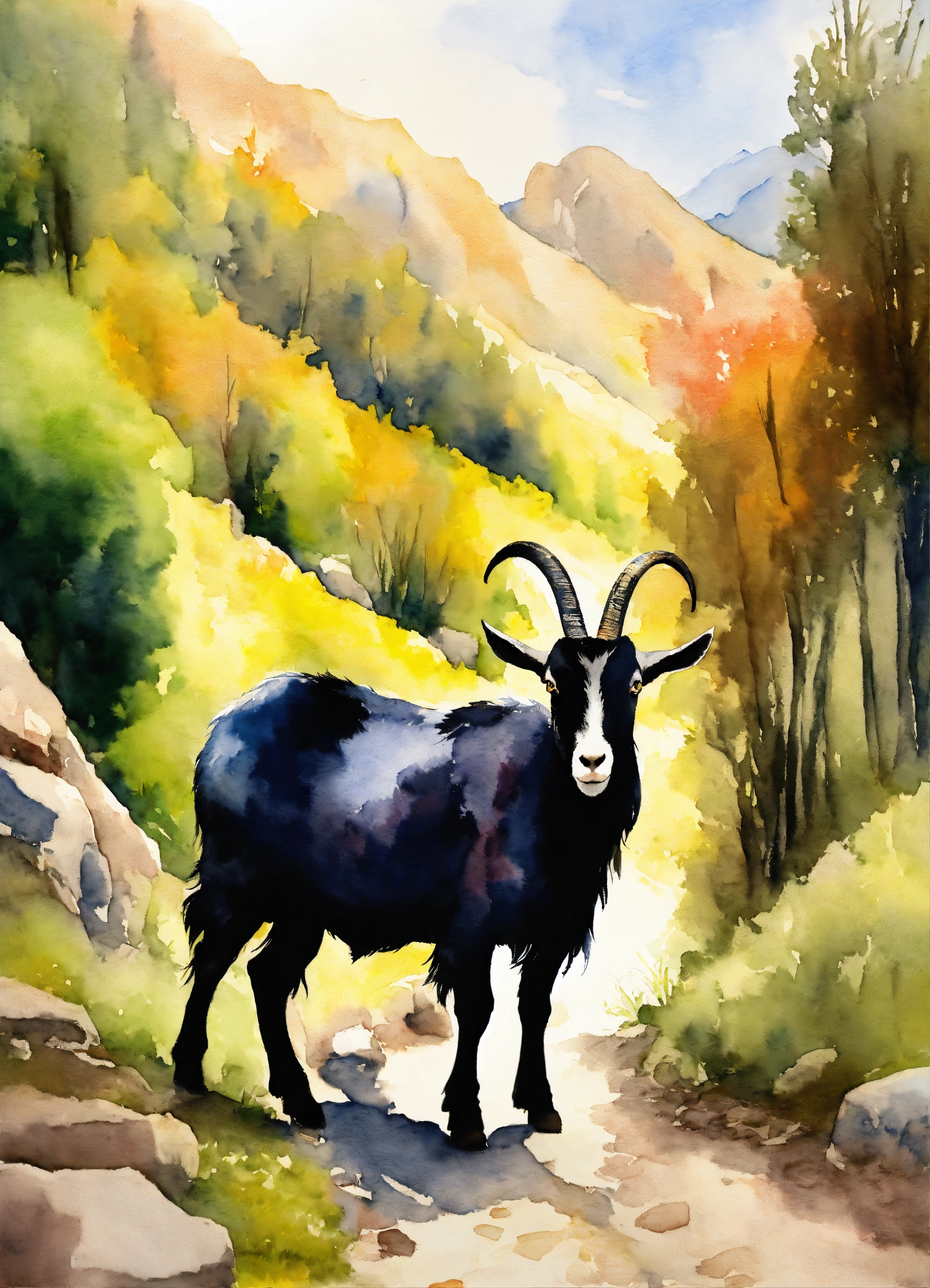 Lexica - Black goat on the path in the mountain watercolor style
