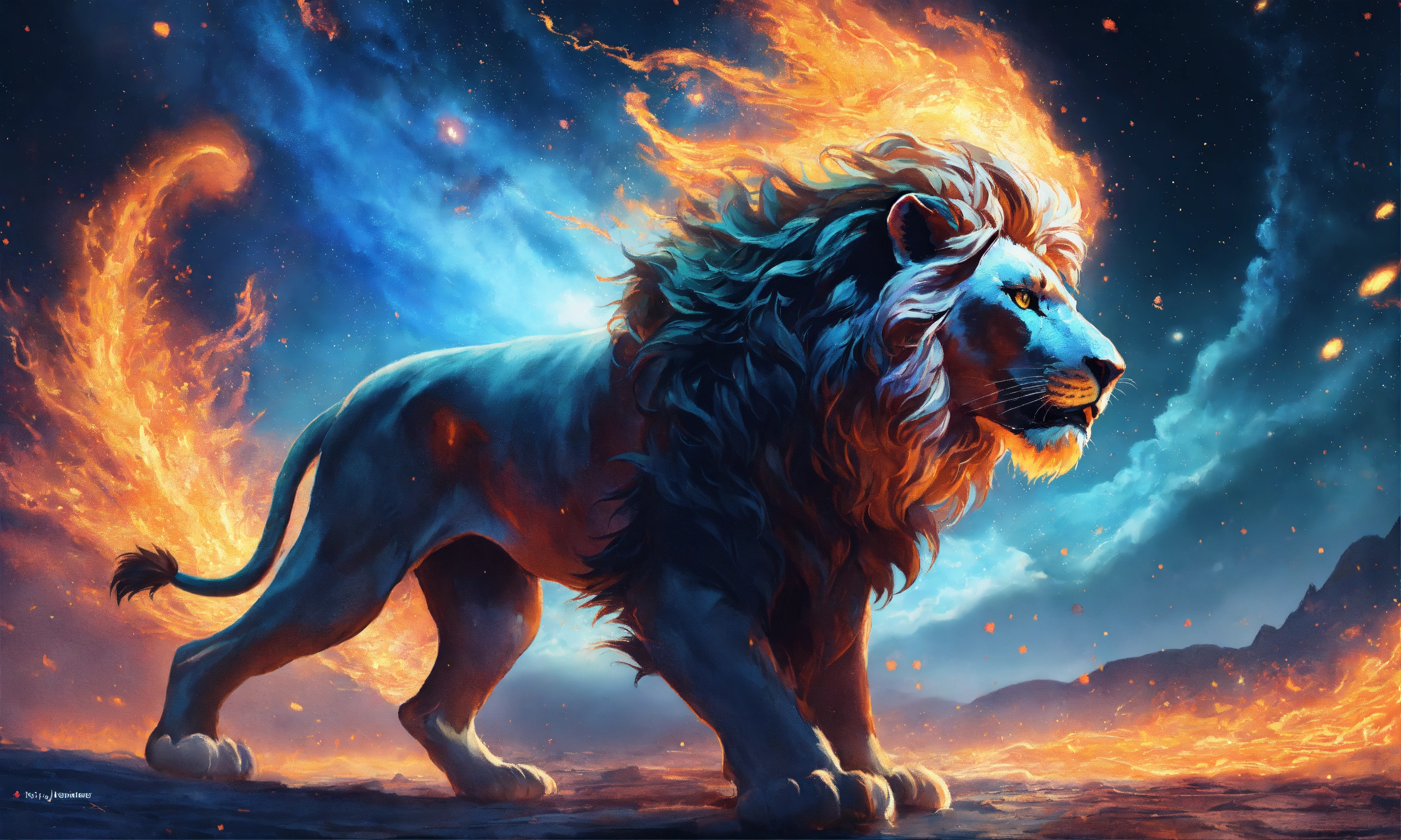 Lexica - Realistic, hyperwave cover art, fire lion facing front, mane ...