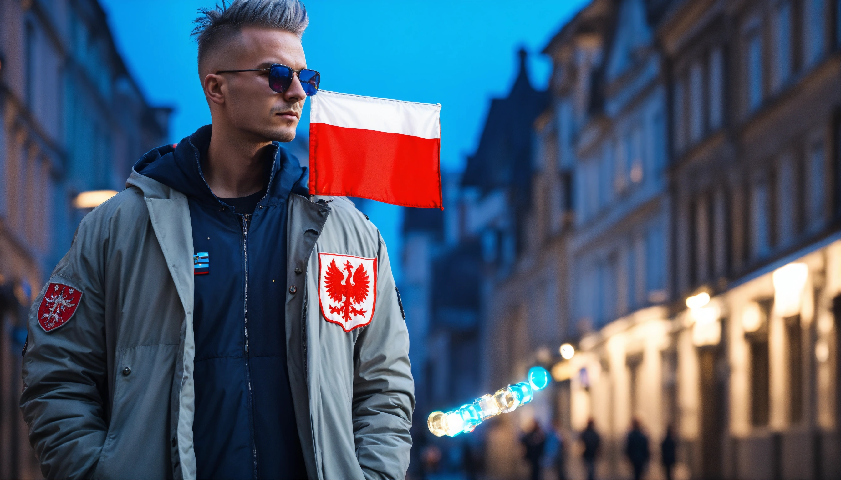 Lexica - Cyberpunk сute man with Poland Flag, on street warshaw ...