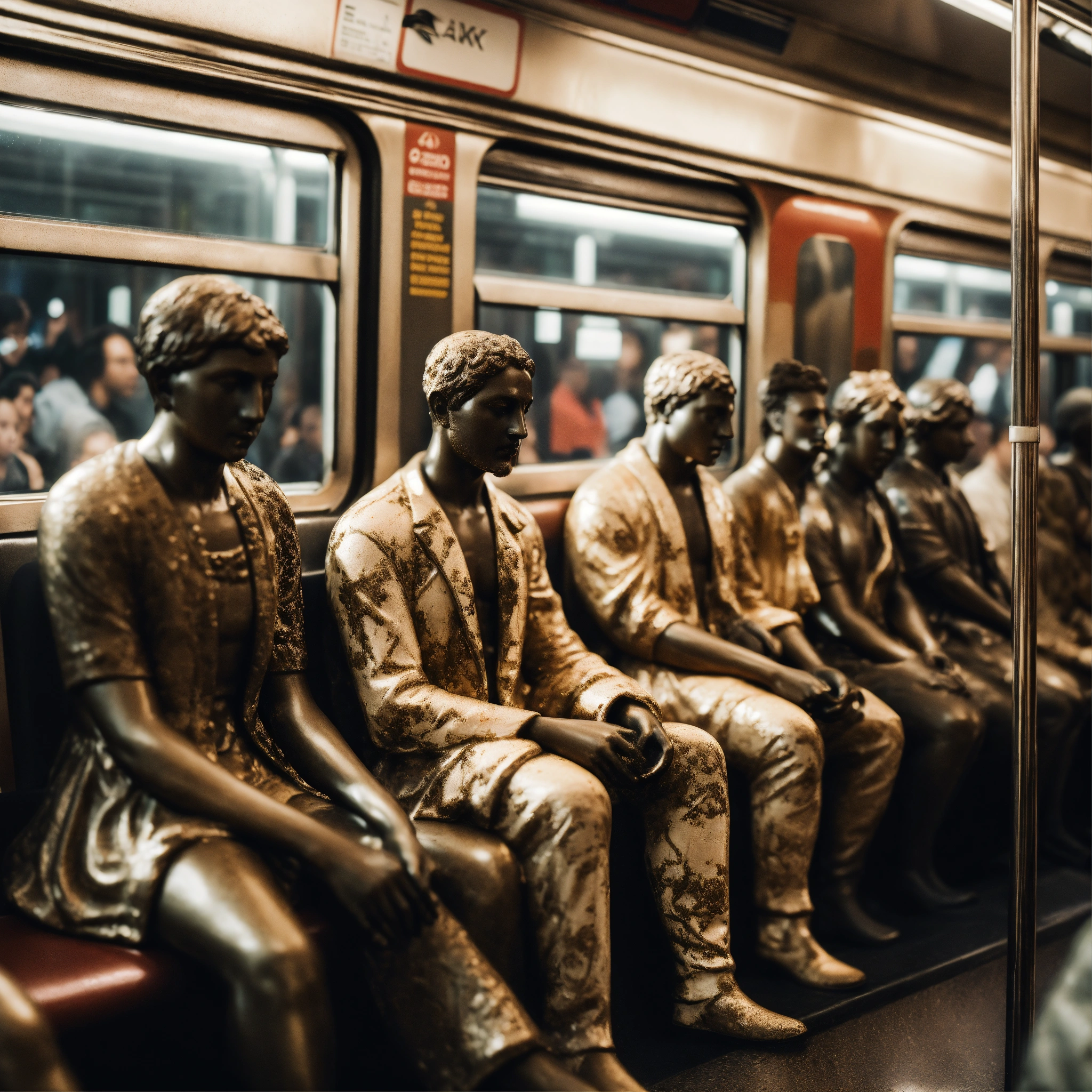 Lexica - Spanish marble statues sitting in a very crowded subway train ...