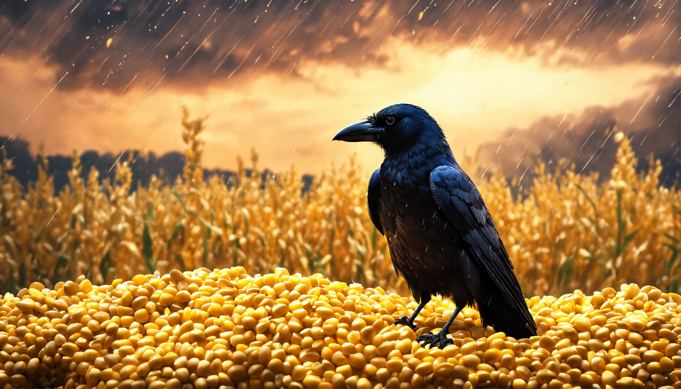 Lexica - "crow is sitting on pile of corn seeds in heavy rainfall in ...
