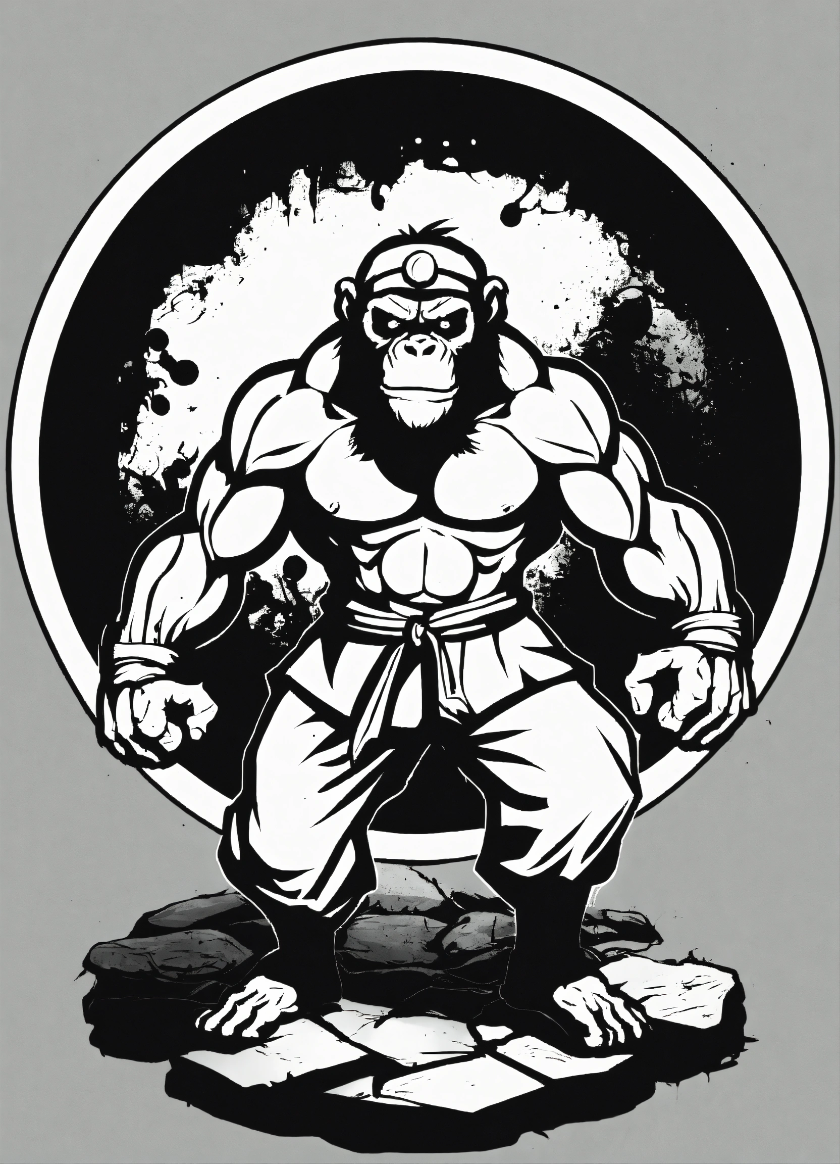 Lexica - Zombie killer ape street fighter black and white circle logo full body fighting stance ...