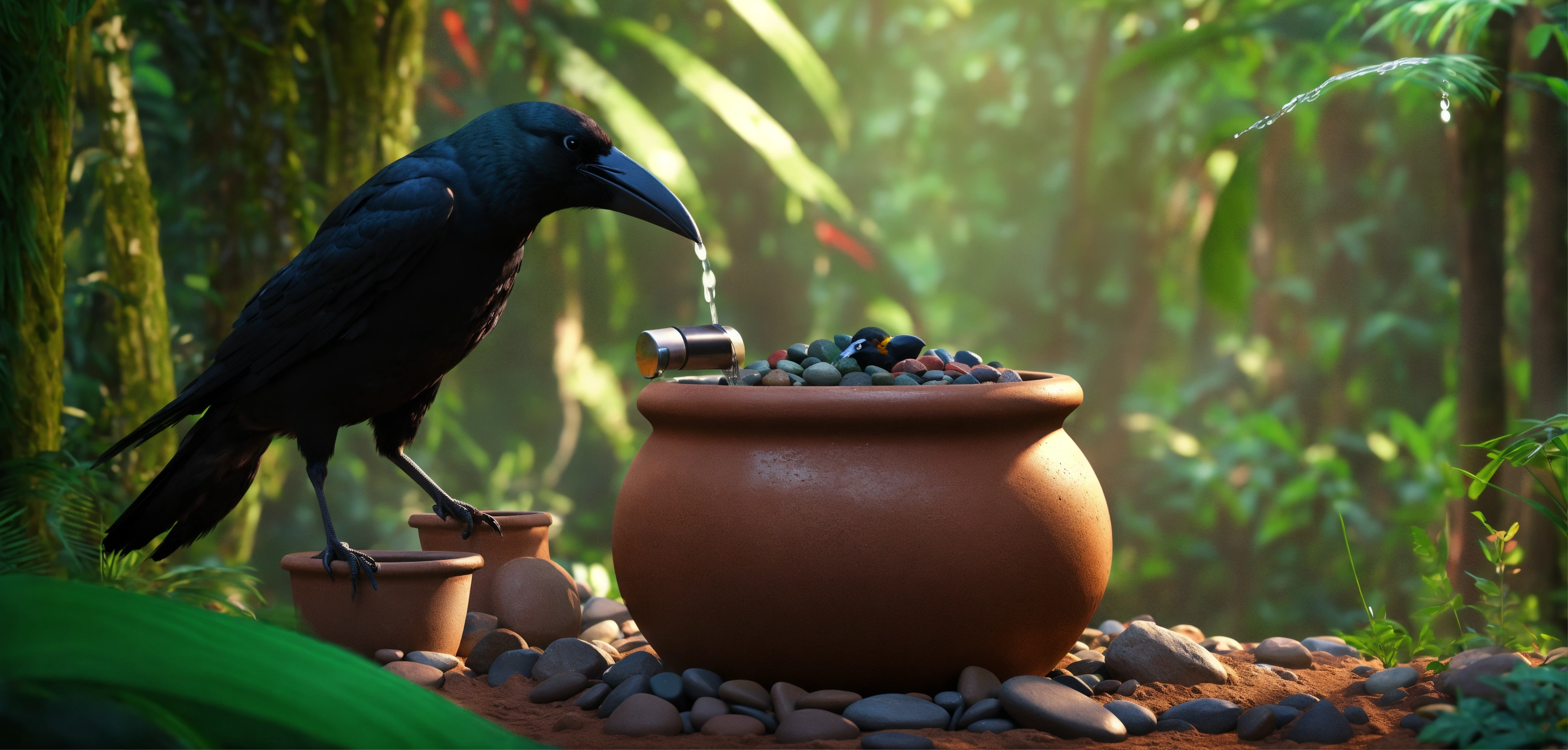 Lexica - 3d animation style crow putting stone in big deep clay pot ...