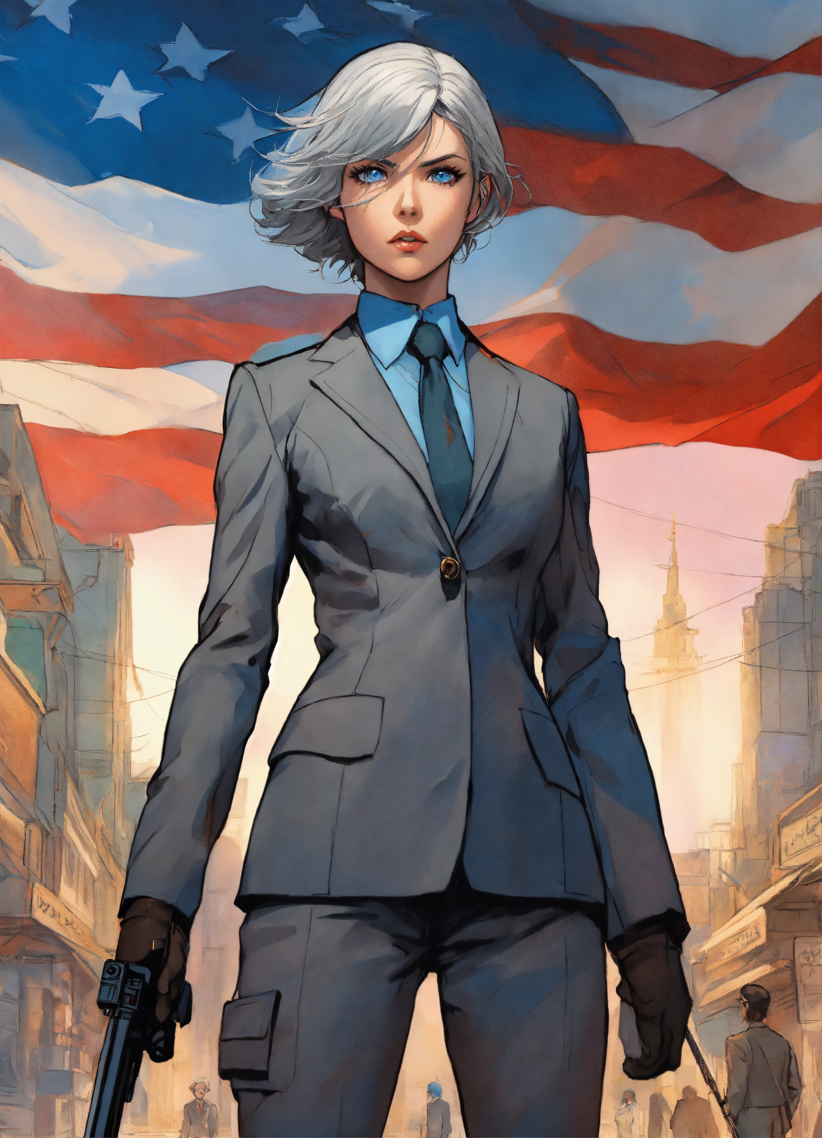 Lexica - Grey-haired female vigilante, combat stance, glowing blue eyes ...