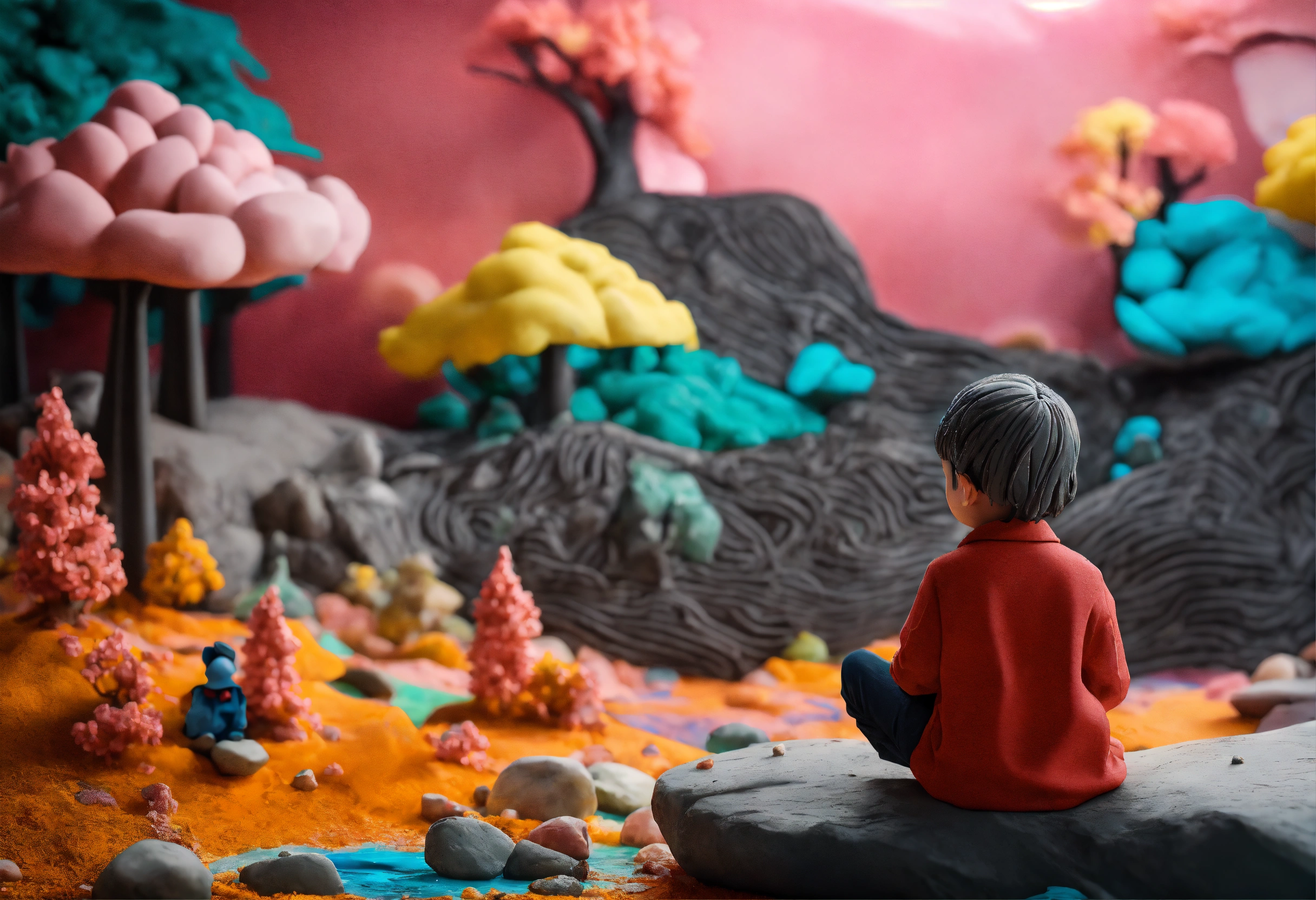 Lexica - Black and white and colors, 3d surreal modeling clay landscape ...