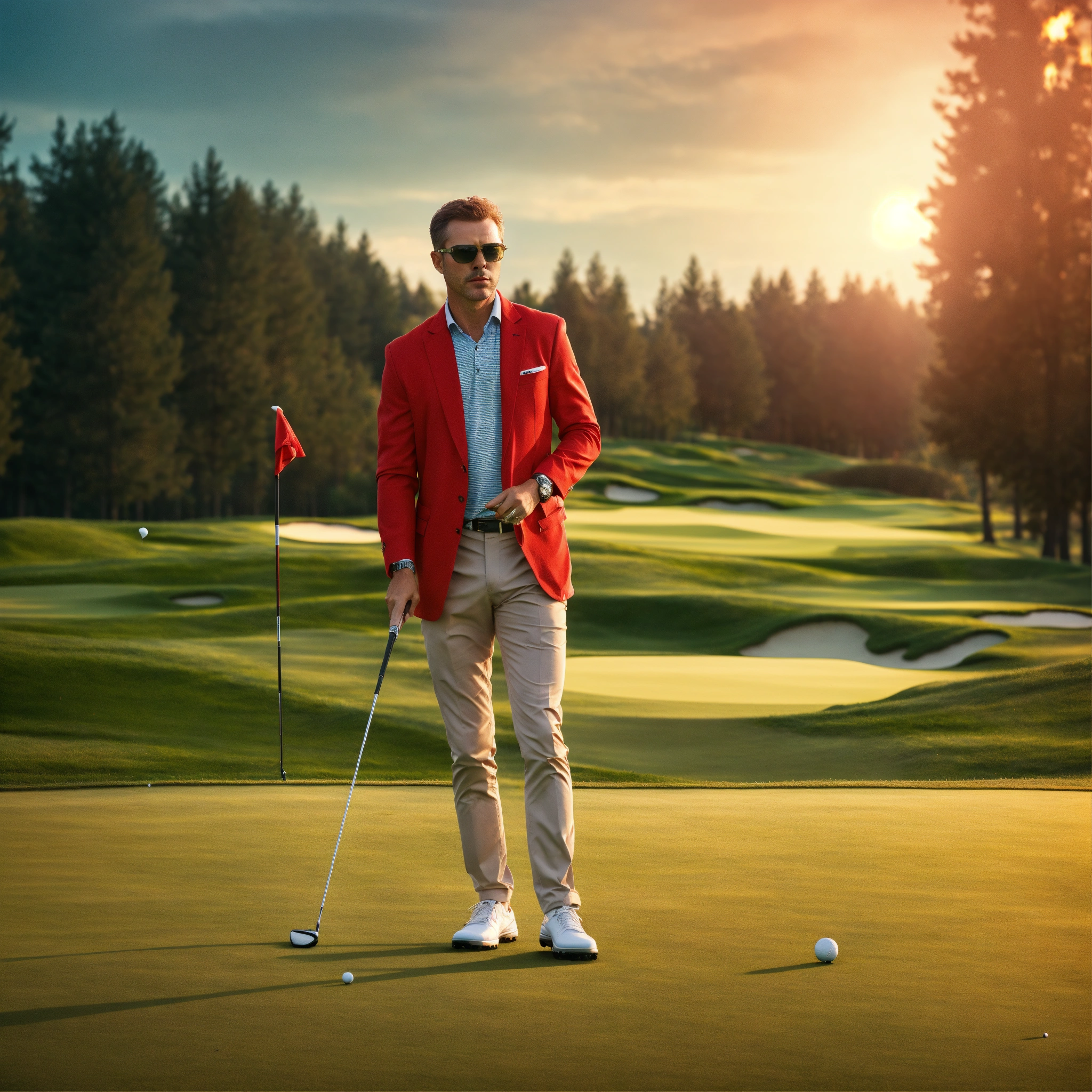Lexica - 4k hd ultra realistic man red blazer, sunglasses. golf club on ...