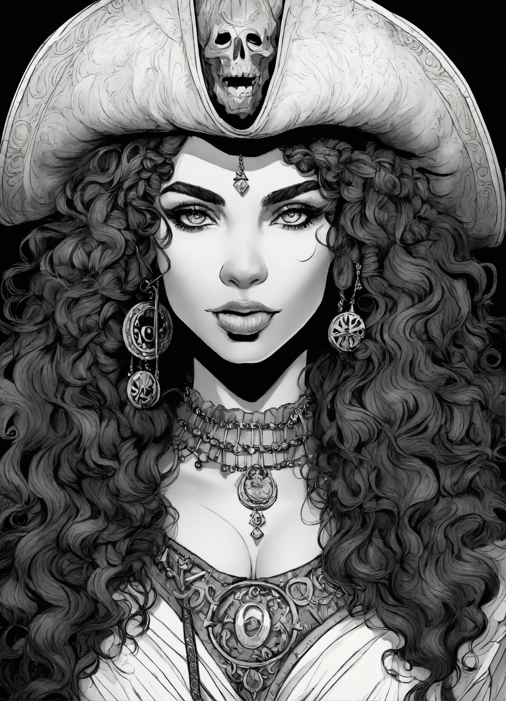 Lexica - "Esmeralda as pirate queen", huge curly hair, smirk, magical ...