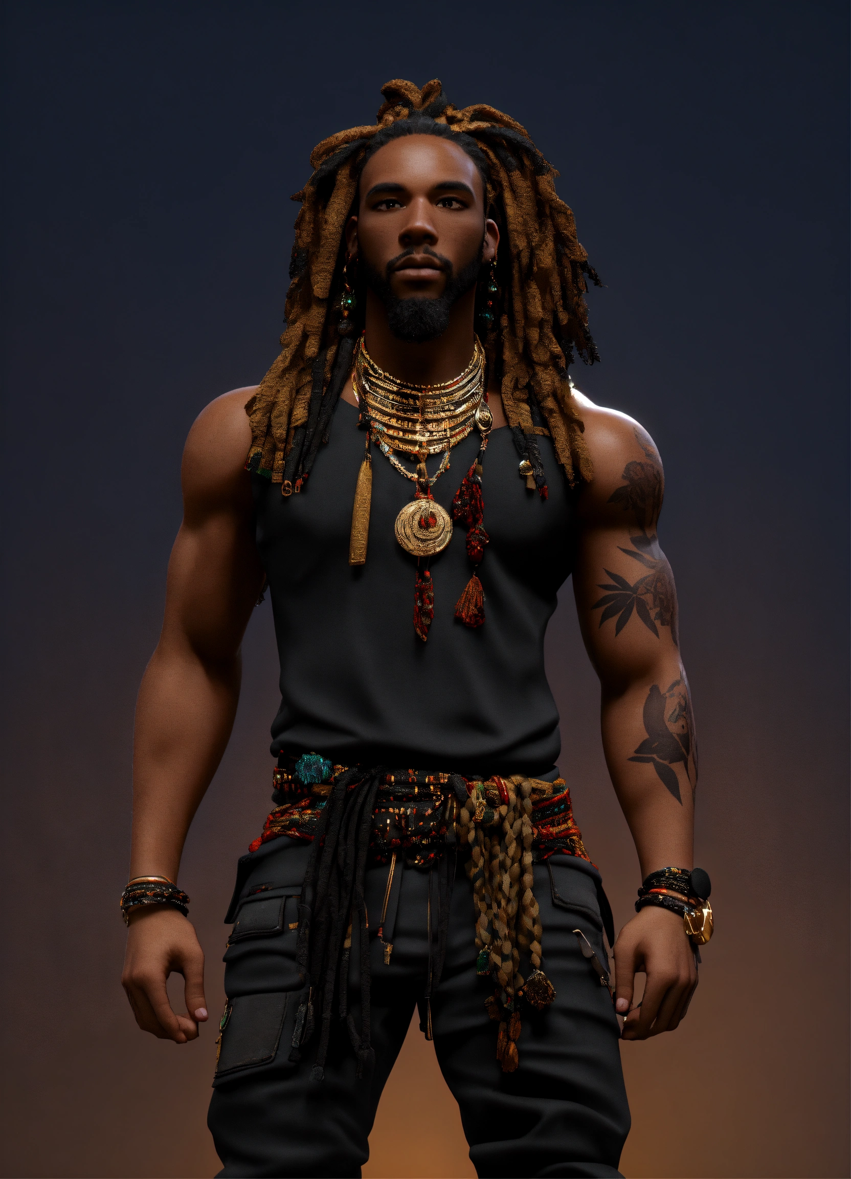 Lexica - 3d render of a Black man with long flowing dreadlocks, 6'5 ...