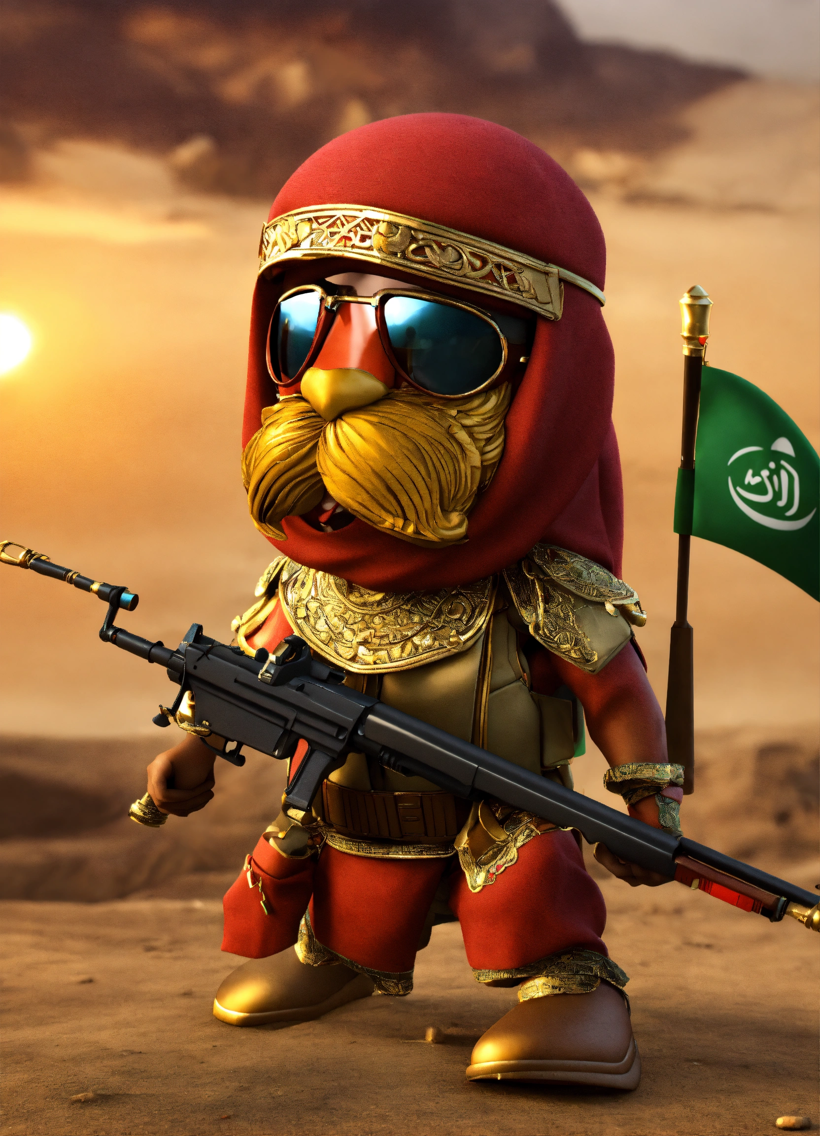 Lexica - Arab, moslem, mascot 3d, fighting, commander, troops