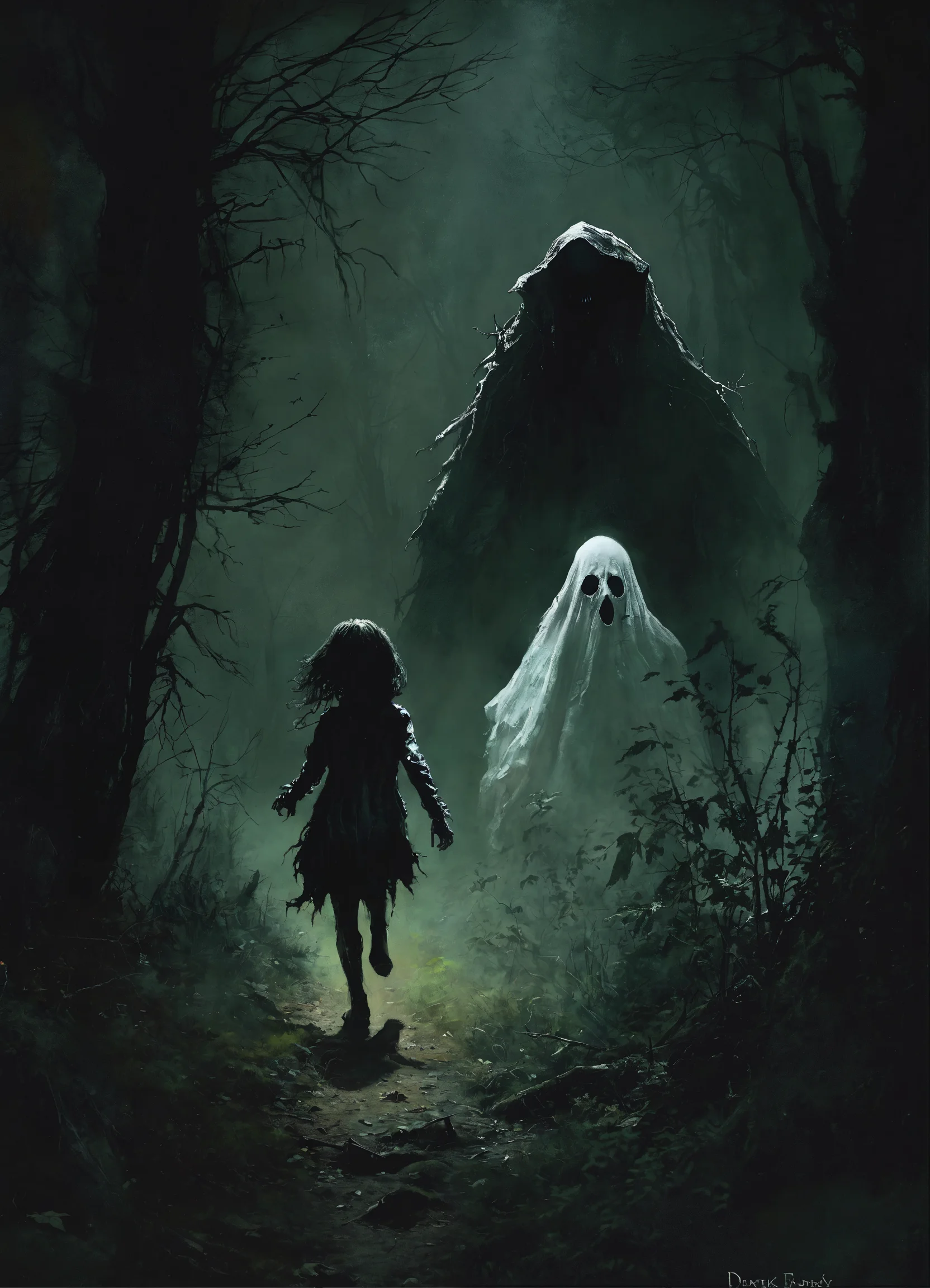 Lexica - Creepy looking ghost in dark forest, boy looking in front of ...