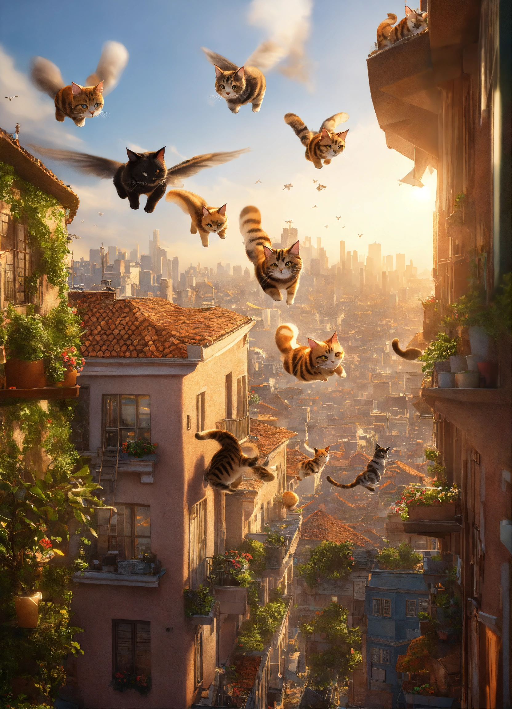 Lexica - Smiling cats flying over the city, highly detailed, concept ...