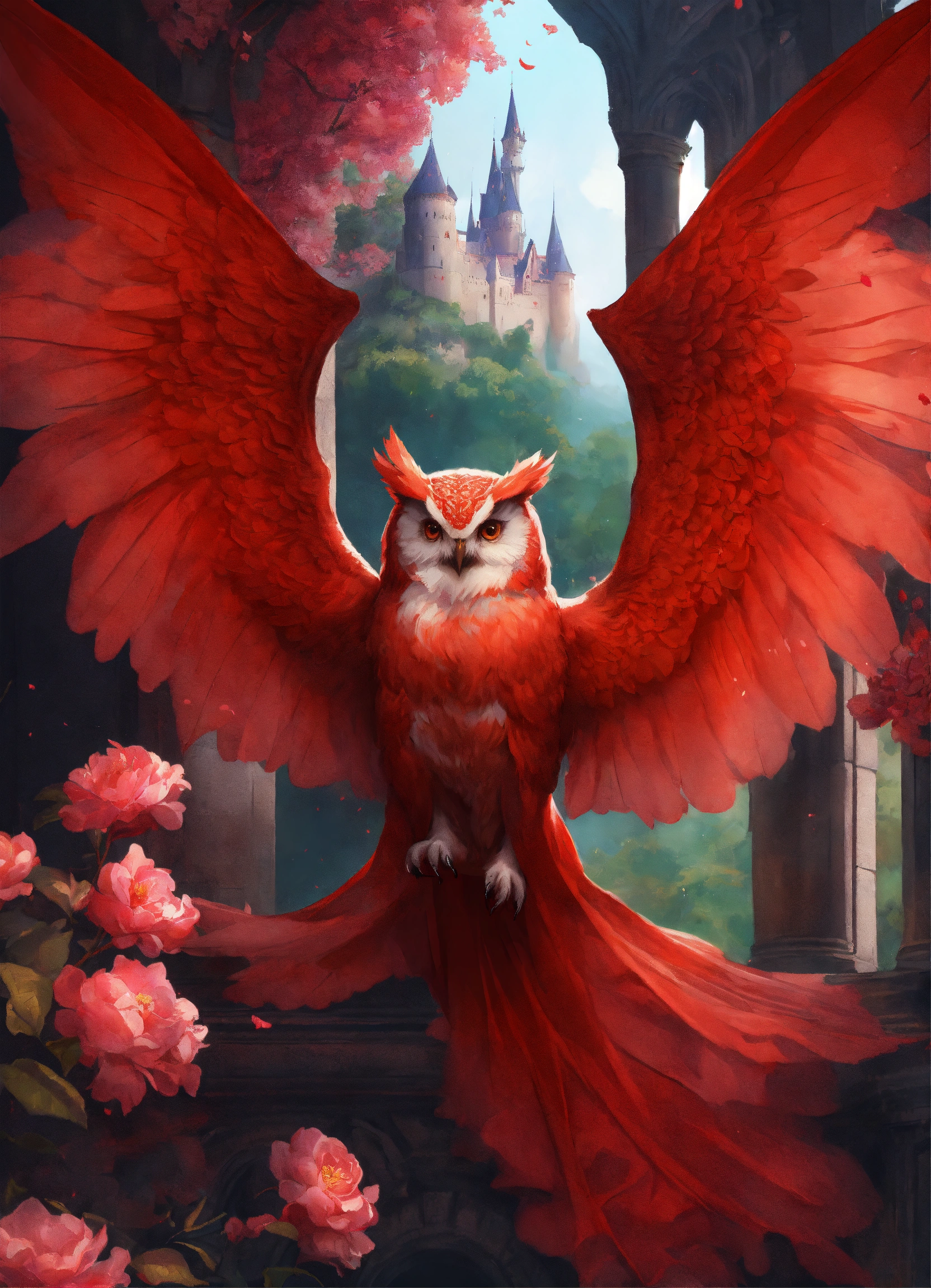 Lexica - Animal red owl, bat wings, flying around castle, underground ...