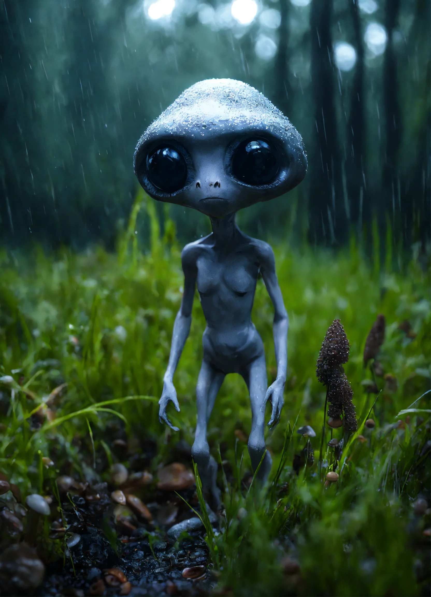 Lexica - A grey alien , big eyes blacks , mushrooms, grass, nigth ...