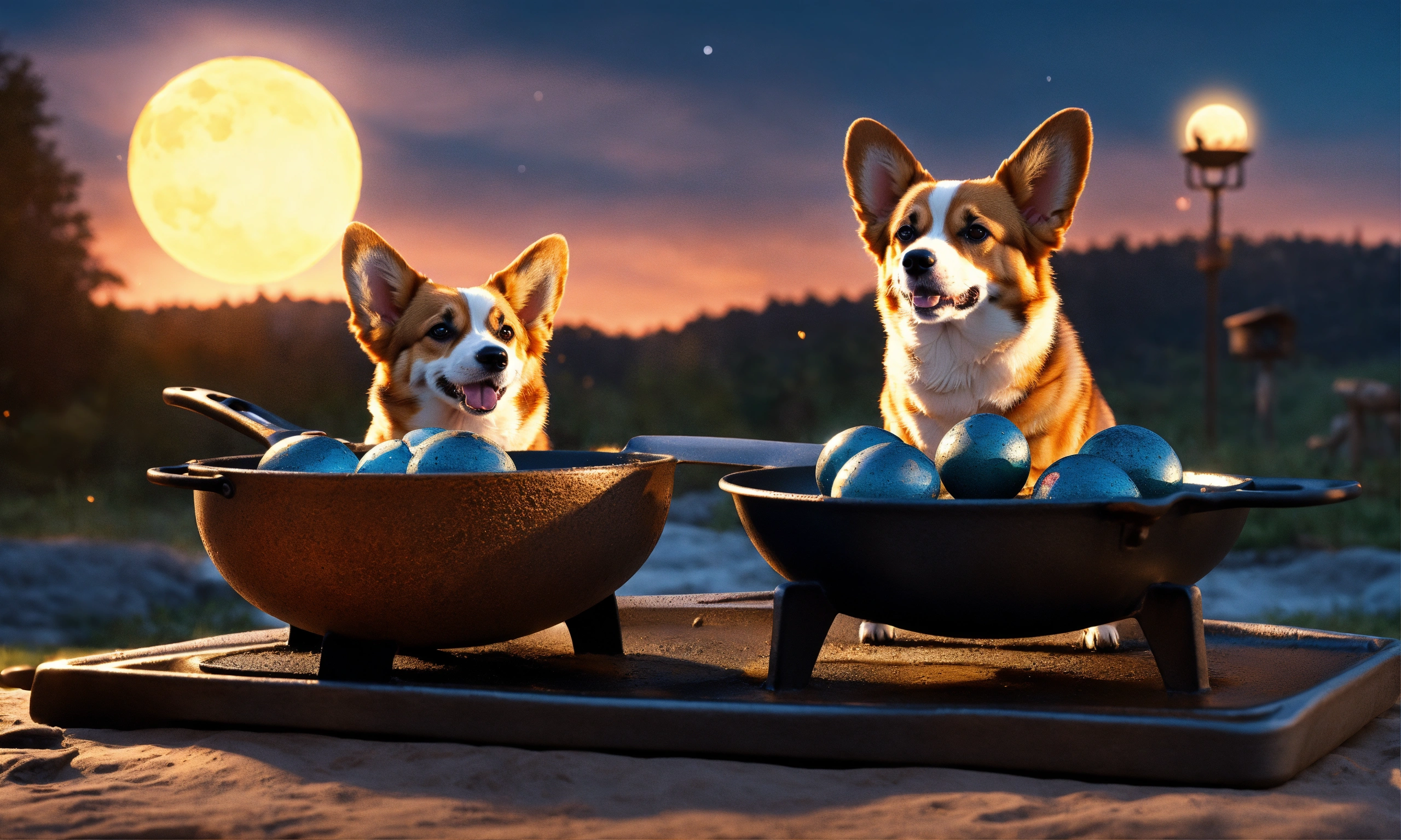 Lexica - 3D image of 2 prehistoric corgi dogs frying a dragon egg in a ...