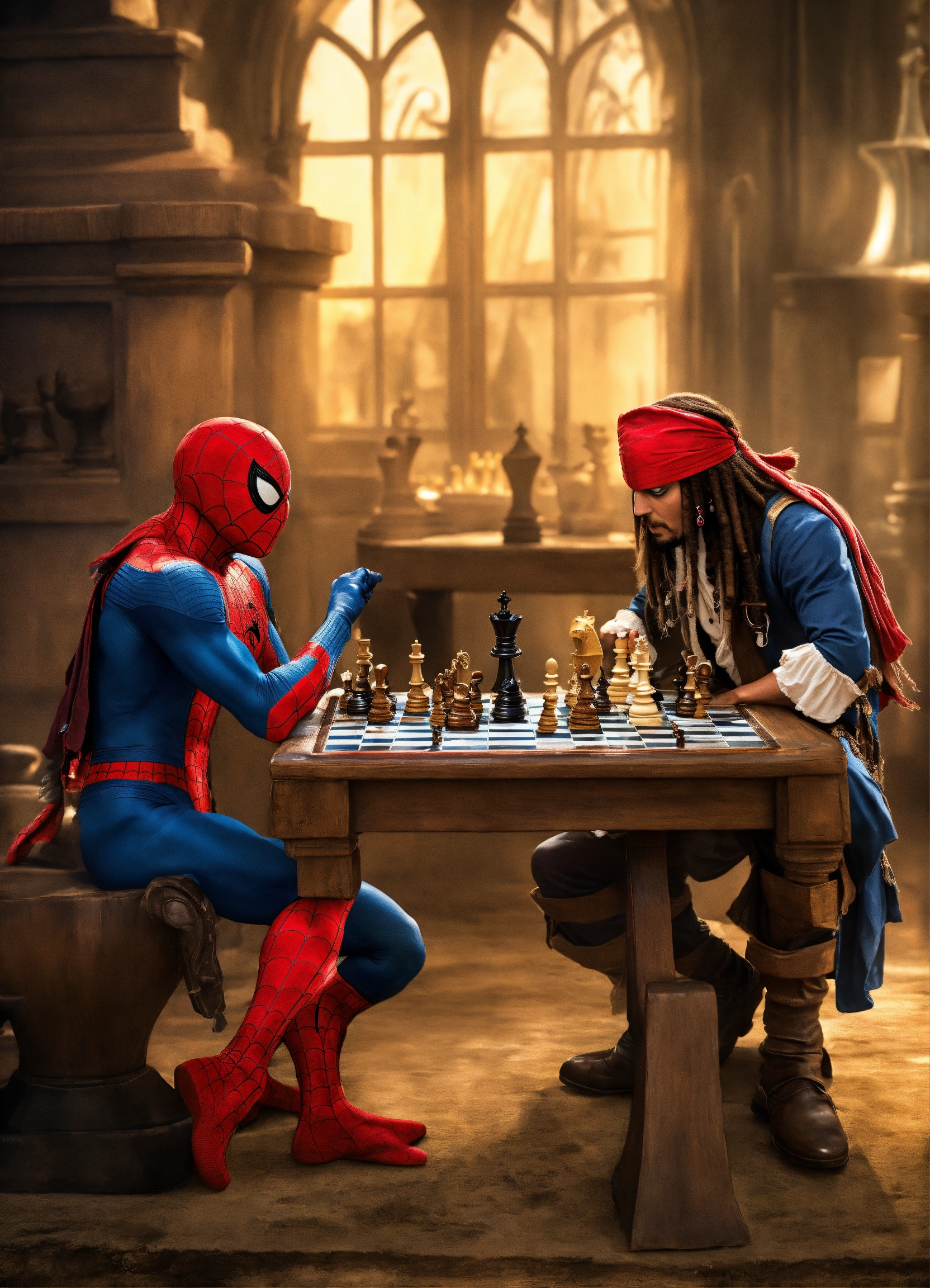 Lexica - Spiderman playing chess with jack sparrow