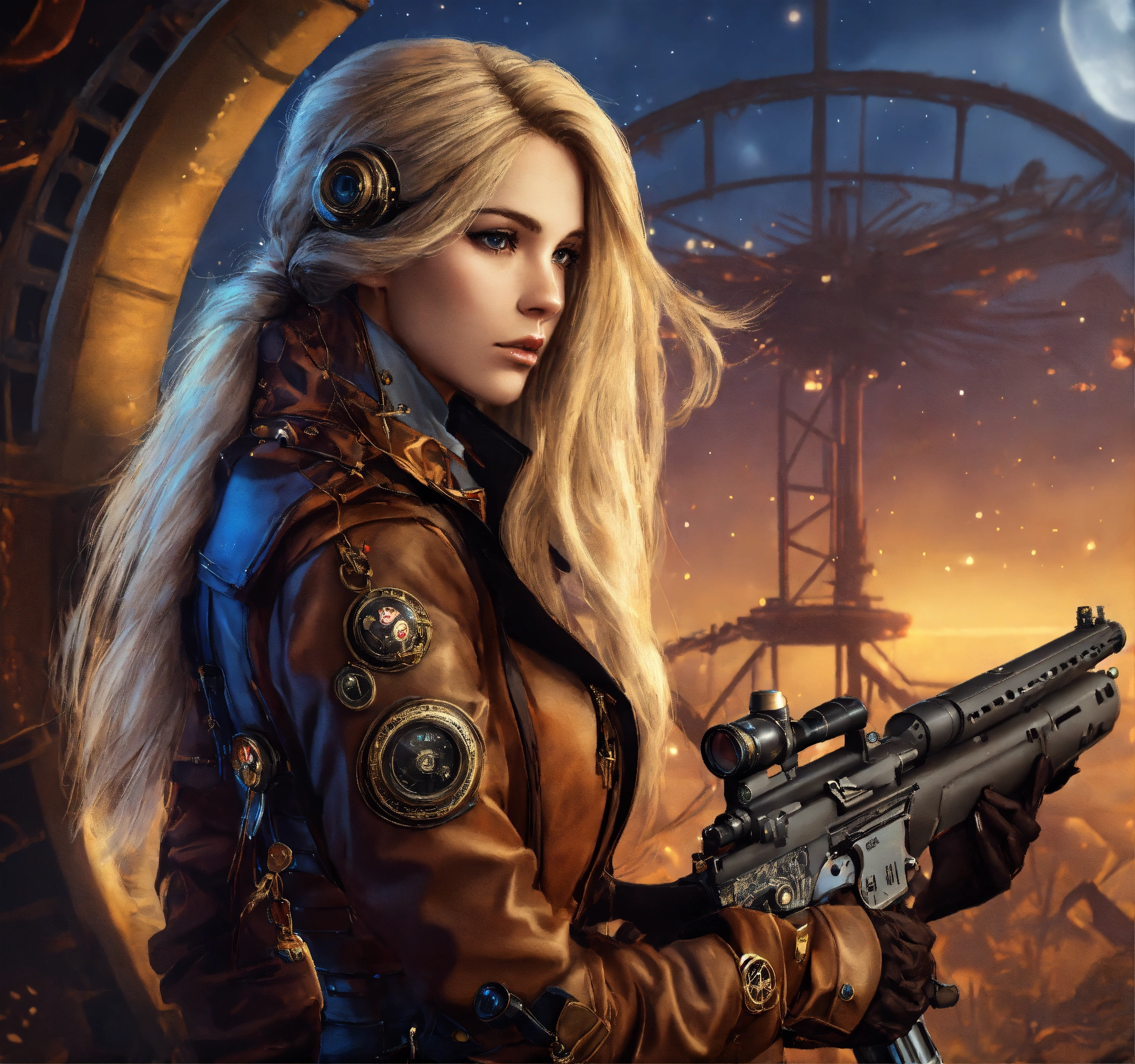 Lexica - A female sniper with long blond hair in a Farwest Steampunk outfit in a dark fantasy ...