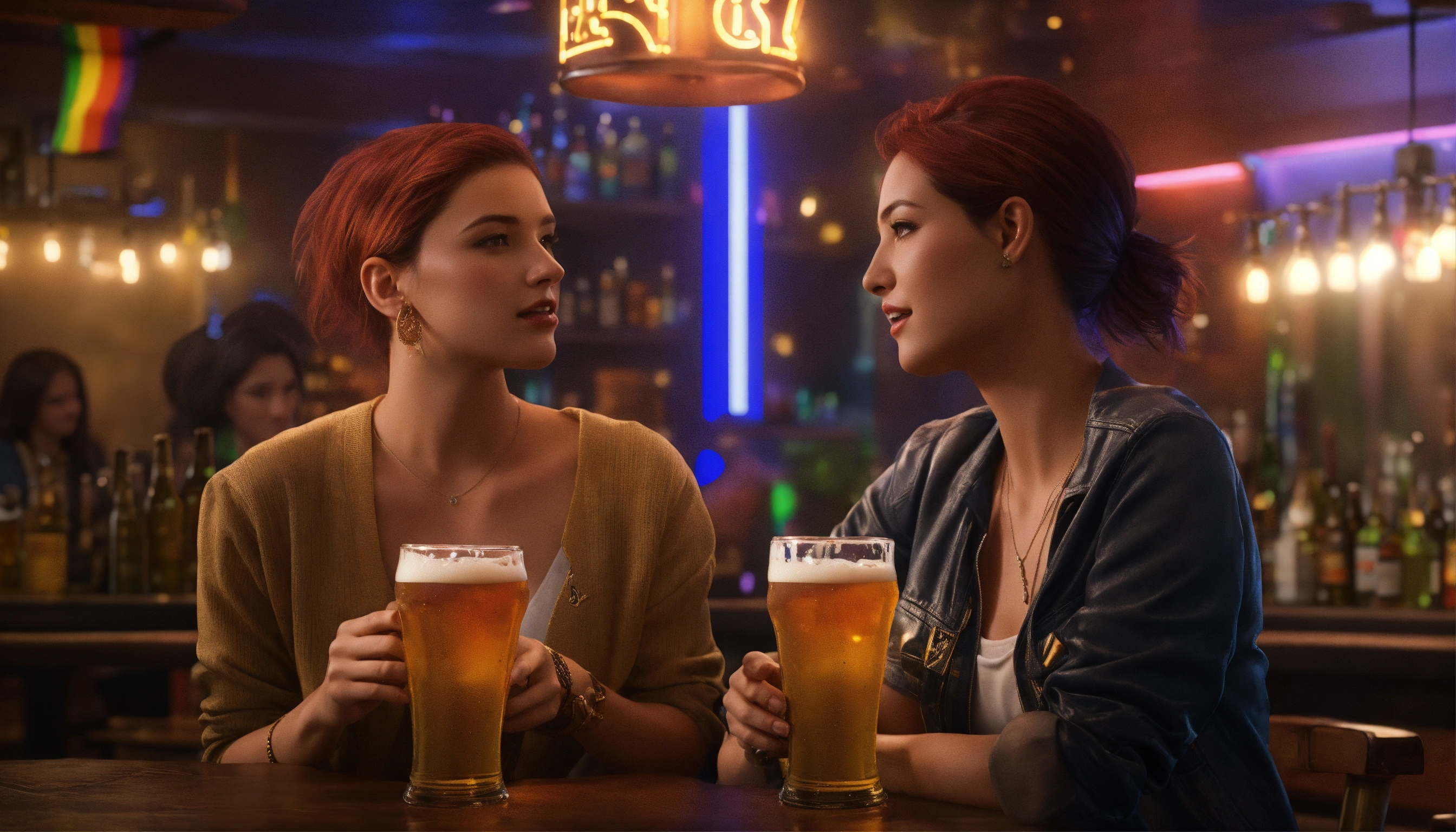 Lexica - TWO LESBIAN girls drink beer in LGBT bar. octane render ...