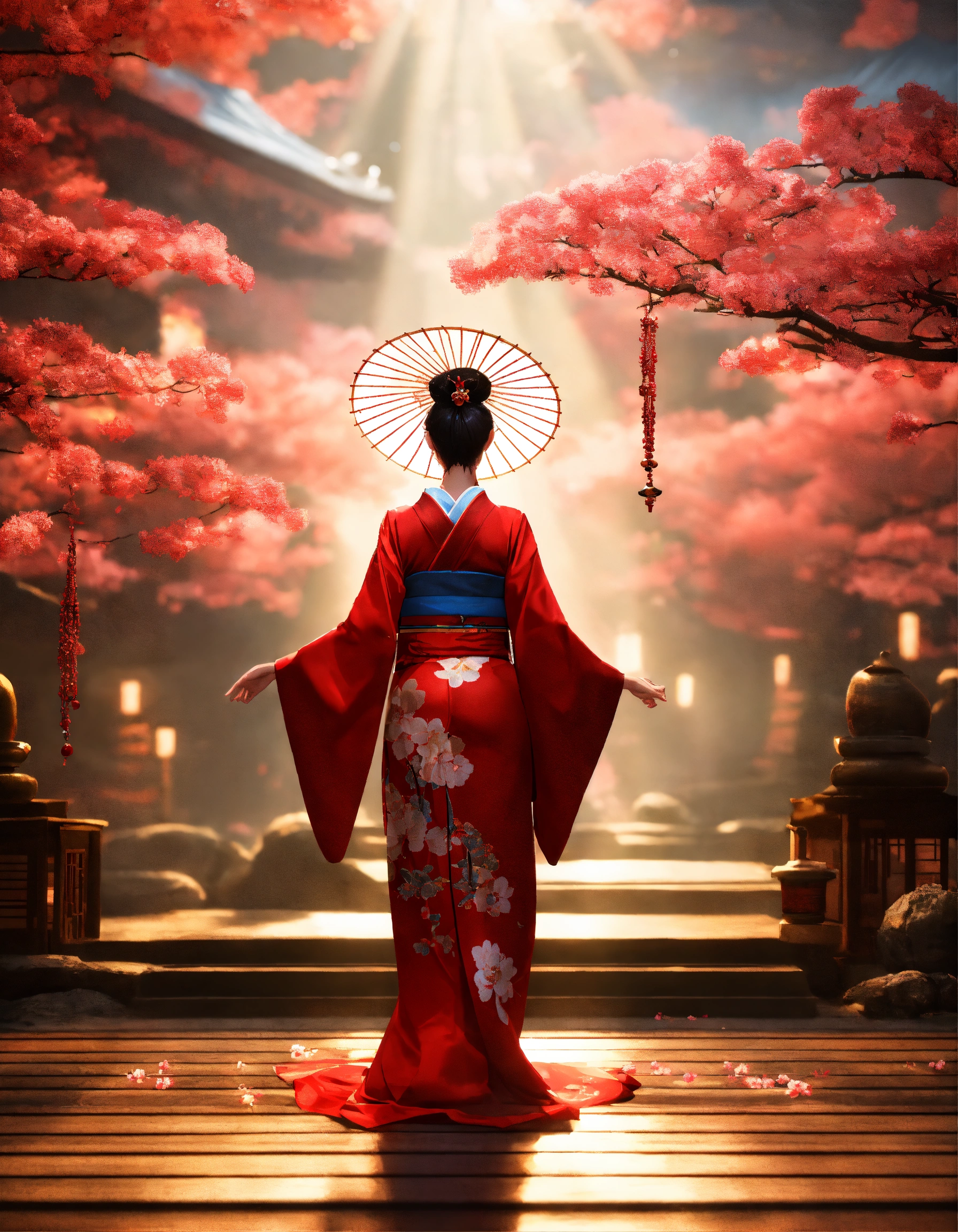 Lexica - Peculiar environment with god rays, geisha dancer, 8K ...