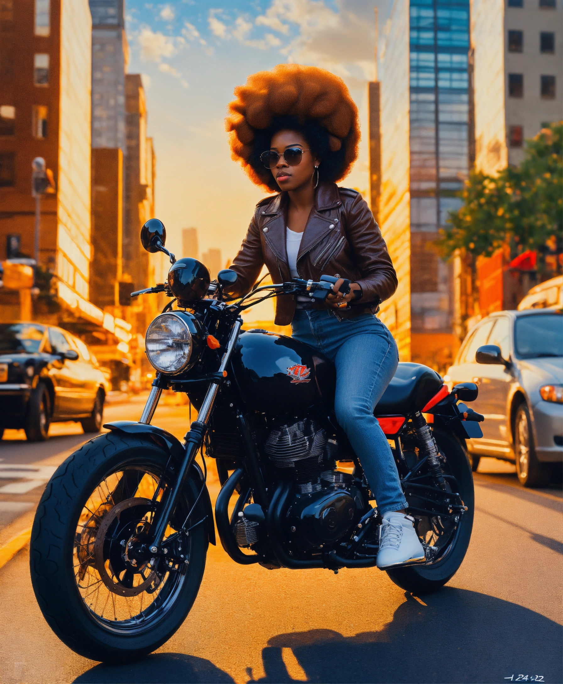 Lexica - Black woman with afro puffs riding motorcycle in the city ...