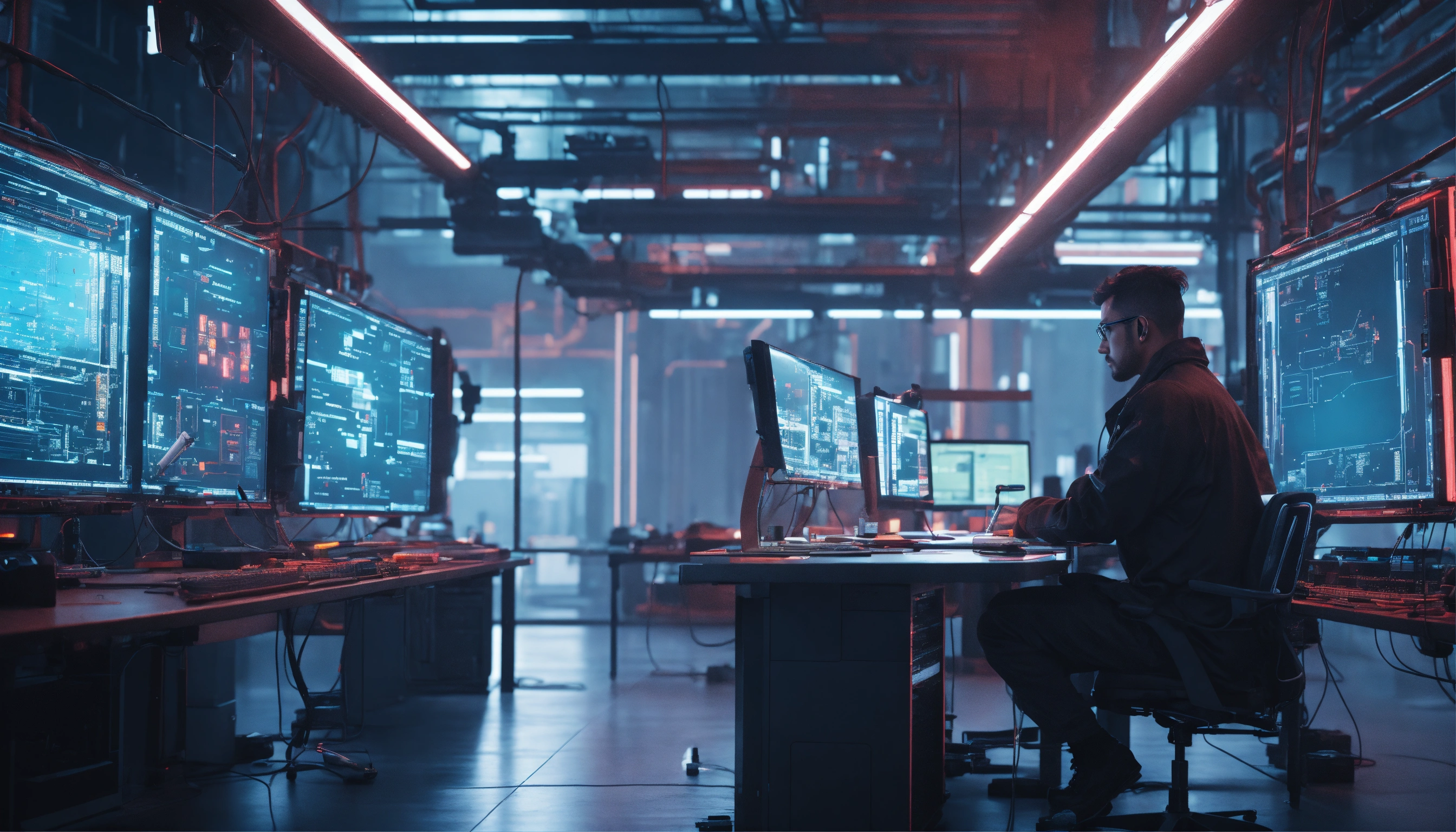 Lexica - Working man in advanced research center, zoom out, cyberpunk ...