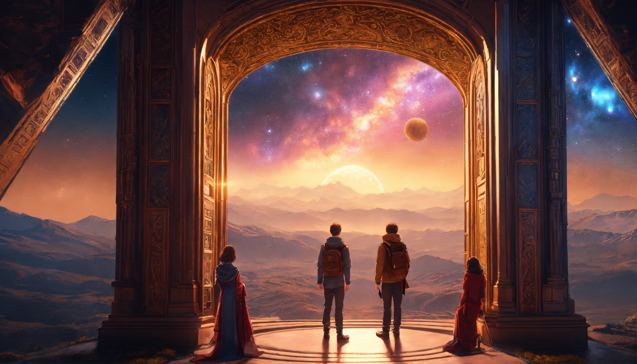 Lexica - Group of astronomers gazing into A cosmic gateway connecting ...