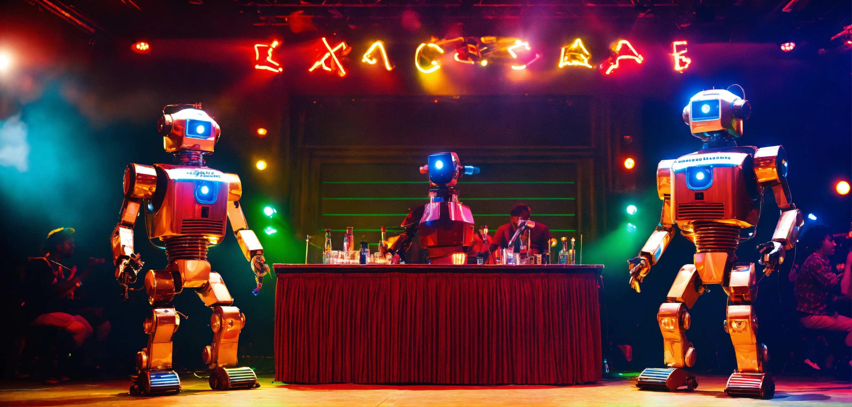 Lexica - Album cover. a group portrait of 3 robots on stage dancing at ...