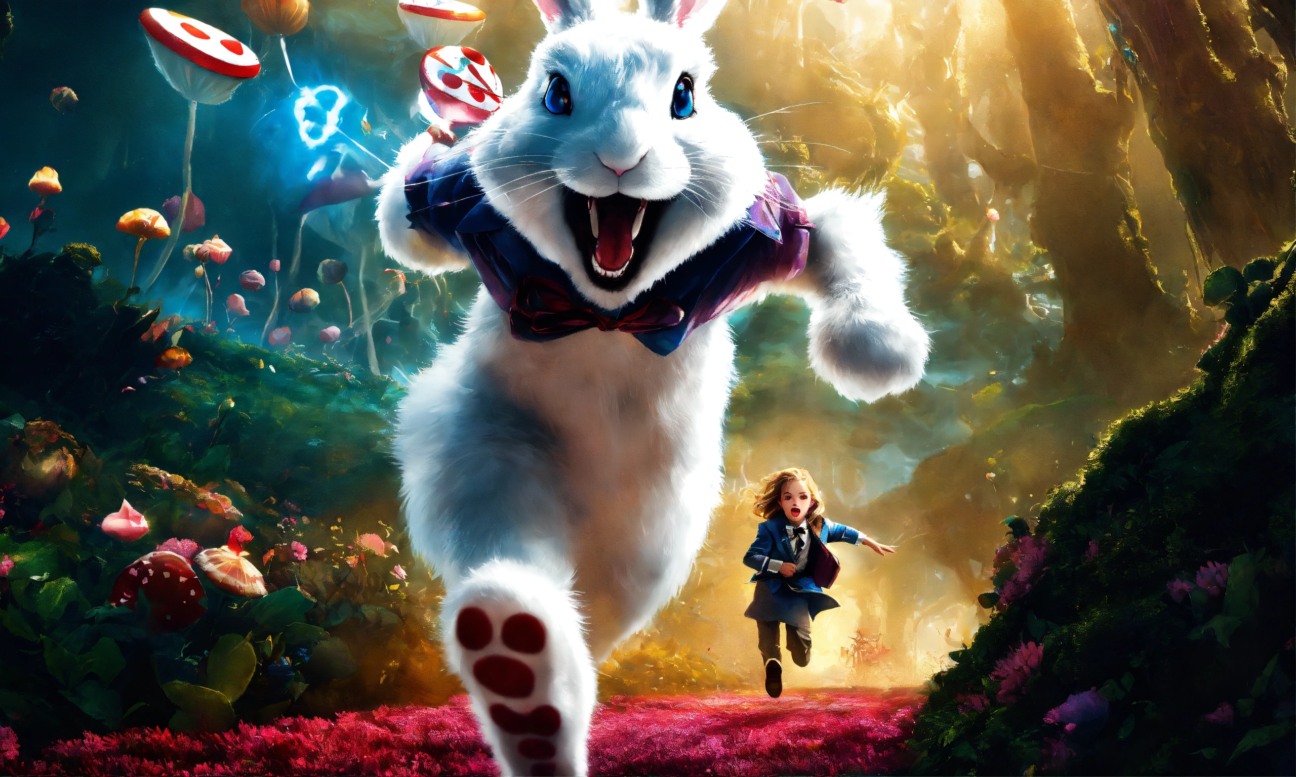 Lexica - A white rabbit from Alice in wonderland, running from a giant ...