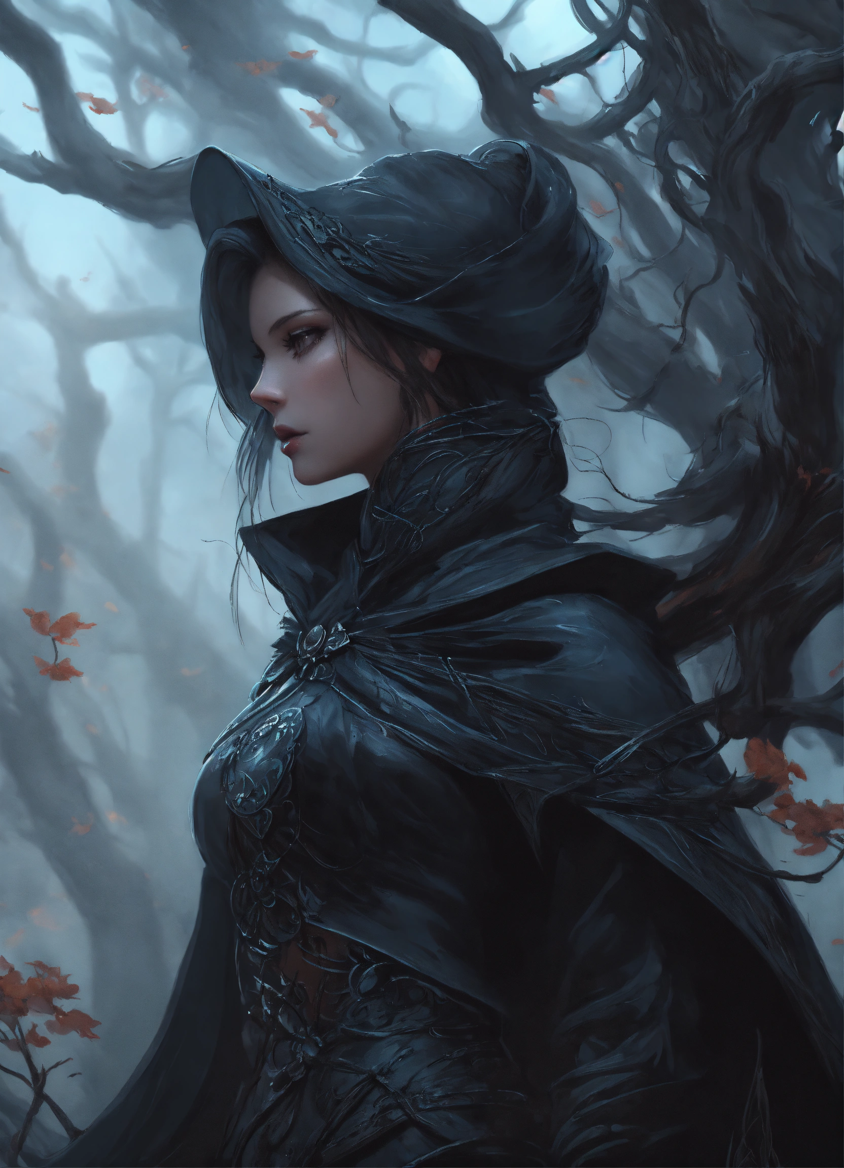 Lexica - Dark fantasy Painting, sideview of witch with black combat ...