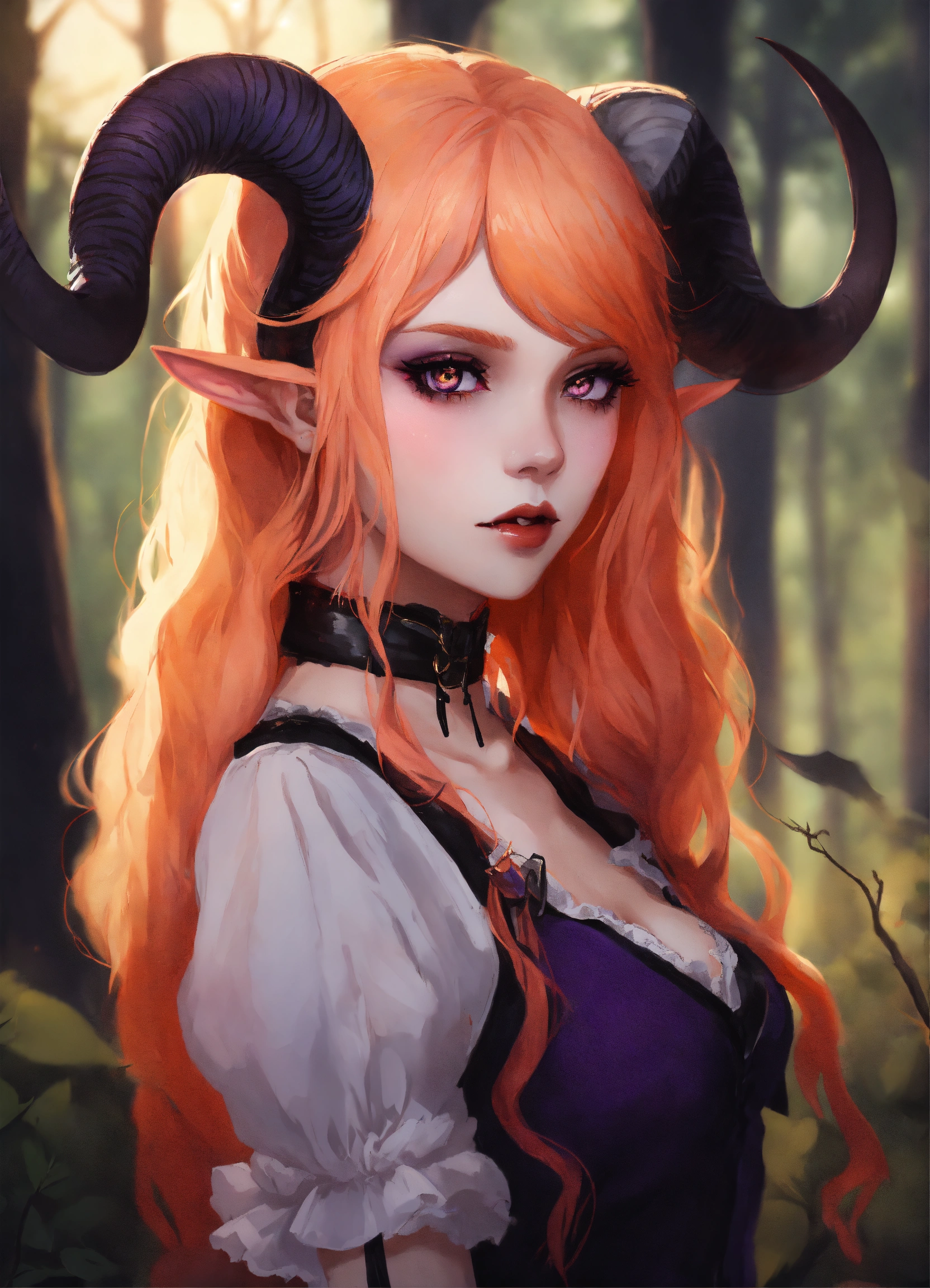 Lexica - 2d vampire girl, pastel orange hair, violet eyes, black ram ...