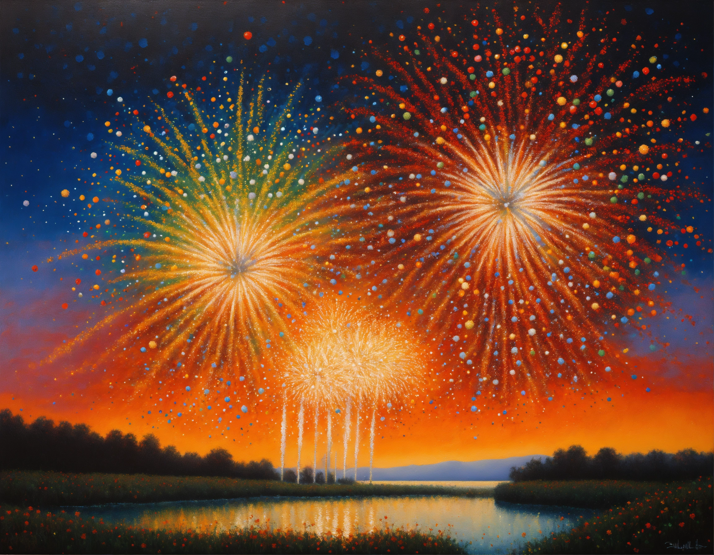 Lexica - Surrealist oil painting pointillism fireworks